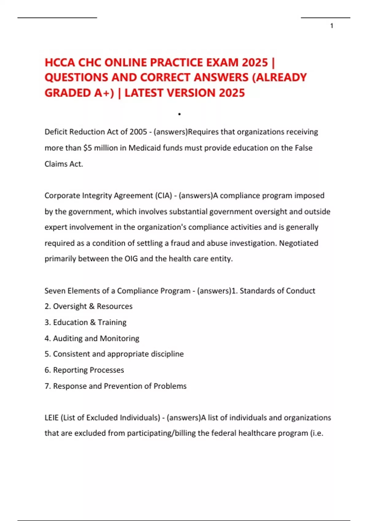 HCCA CHC ONLINE PRACTICE EXAM 2025 | QUESTIONS AND CORRECT ANSWERS ...