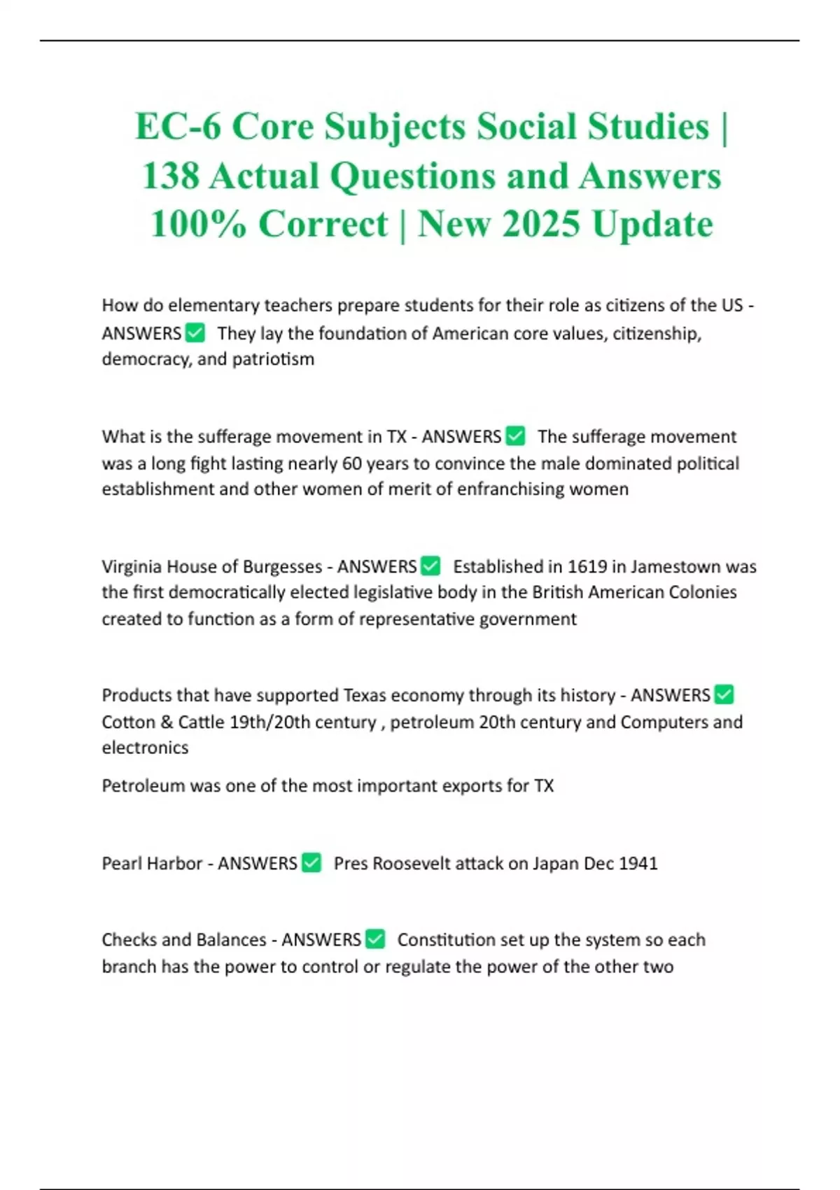 EC-6 Core Subjects Social Studies | 138 Actual Questions and Answers 100% Correct | New 2025 ...