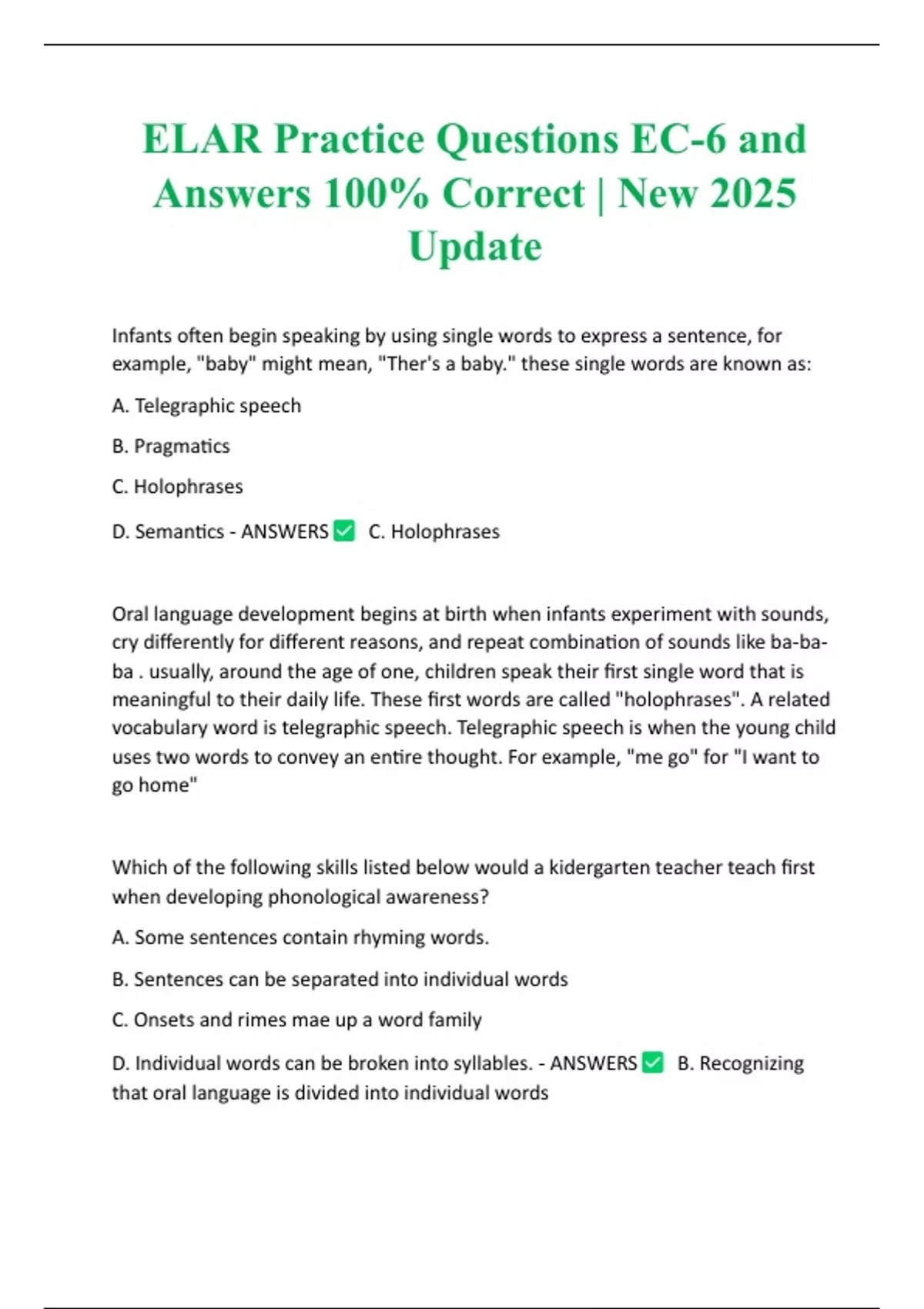 ELAR Practice Questions EC-6 and Answers 100% Correct | New 2025 Update ...