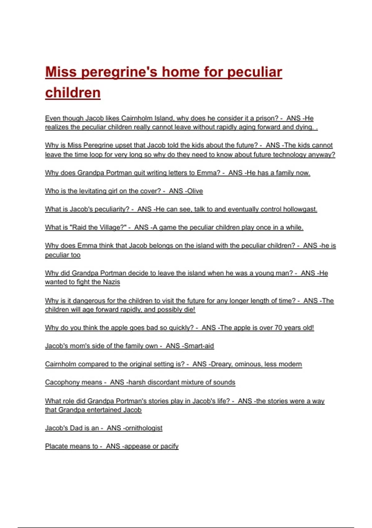 Miss peregrine's home for peculiar children Exam Questions and Answers ...