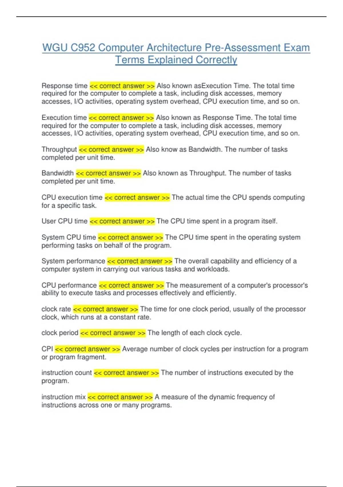WGU C952 Computer Architecture Pre-Assessment Exam Terms Explained Correctly - WGU C952 ...