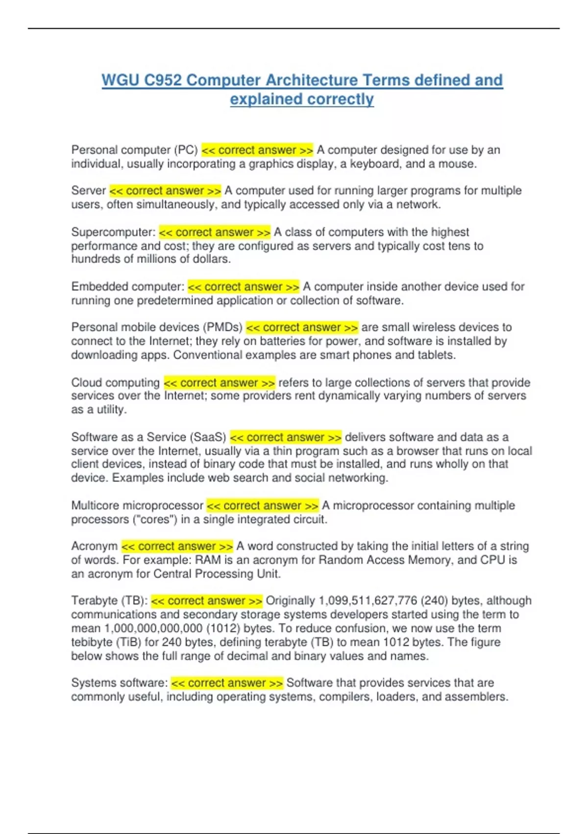 WGU C952 Computer Architecture Terms defined and explained correctly - WGU C952 - Computer ...