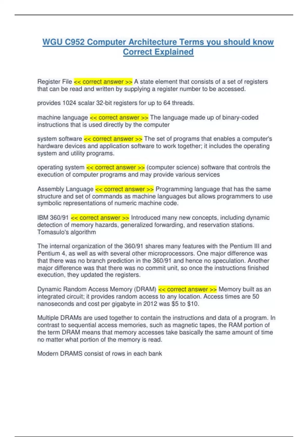 WGU C952 Computer Architecture Terms you should know Correct Explained - WGU C952 - Computer ...