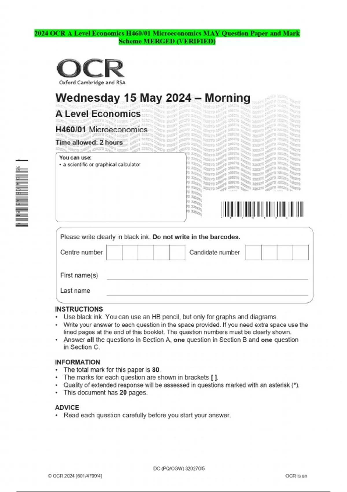 EXAMS BUNDLE:::::2024 OCR A Level Economics | Question Papers and Mark ...