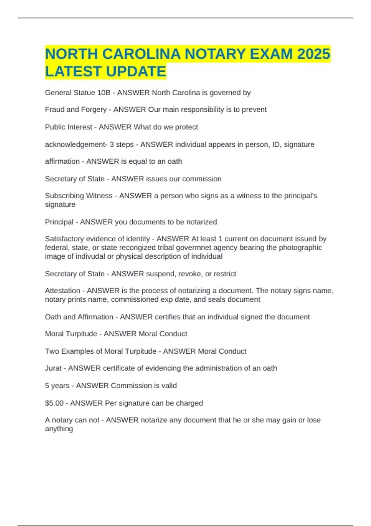 NORTH CAROLINA NOTARY EXAM 2025 LATEST UPDATE - NORTH CAROLINA NOTARY ...