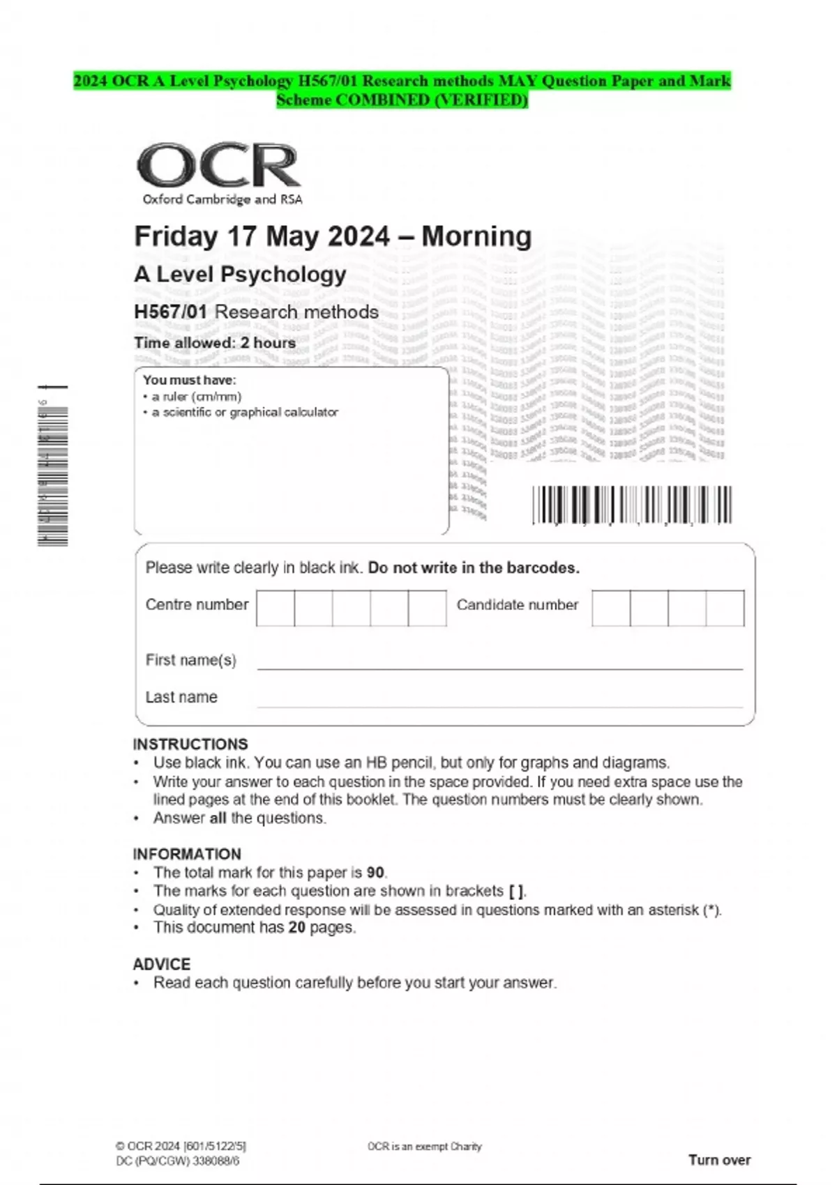 2024 OCR A Level Psychology H567/01 Research methods MAY Question Paper and Mark Scheme COMBINED ...
