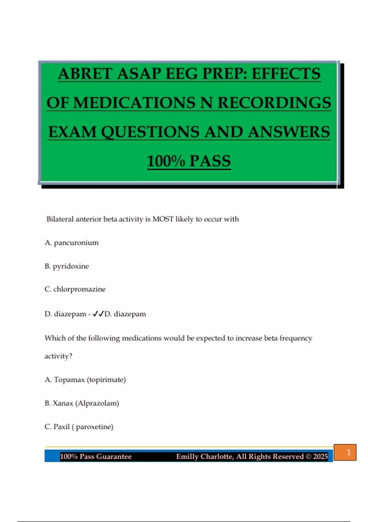 ABRET ASAP EEG PREP: EFFECTS OF MEDICATIONS N RECORDINGS EXAM QUESTIONS ...