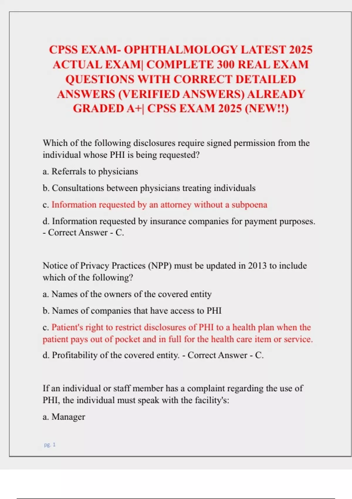 CPSS EXAM- OPHTHALMOLOGY LATEST 2025 ACTUAL EXAM| COMPLETE 300 REAL ...