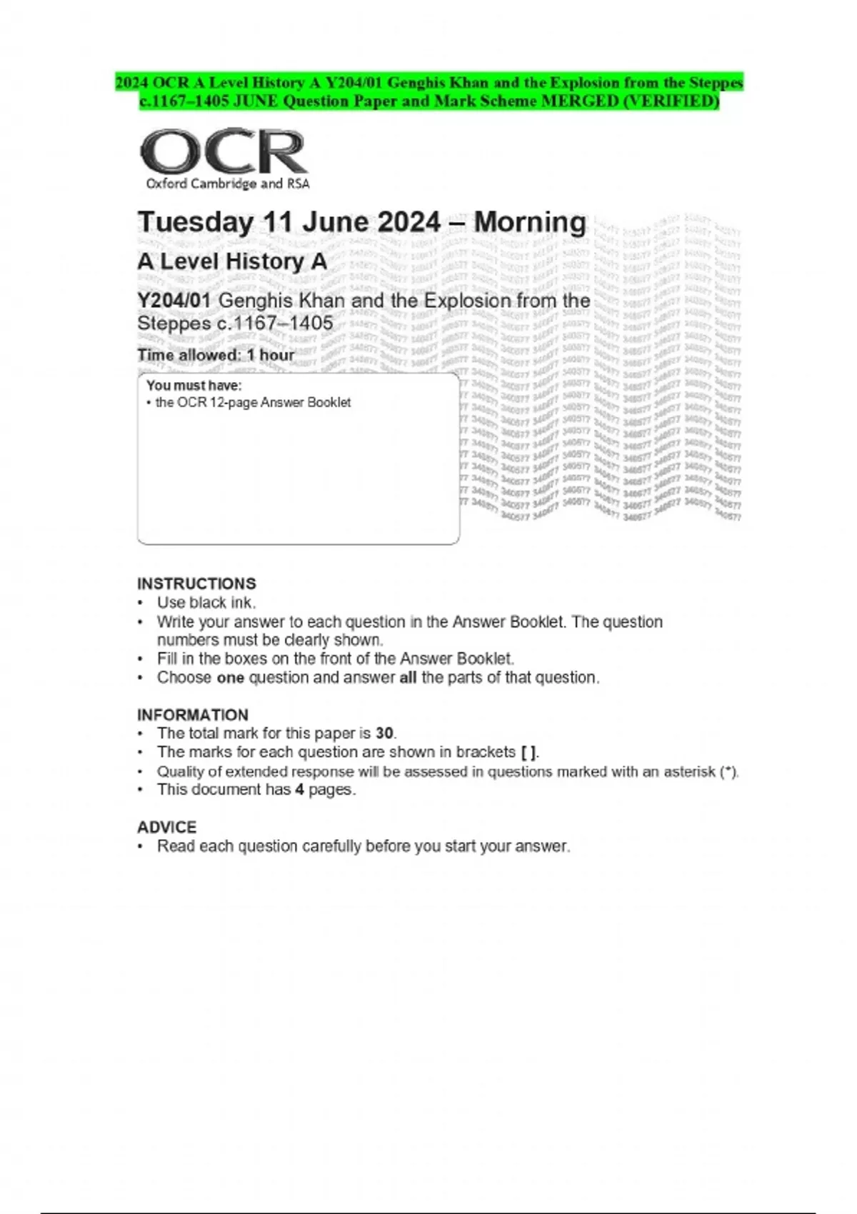 2024 OCR A Level History A Y204/01 Genghis Khan and the Explosion from the Steppes c.1167–1405 ...