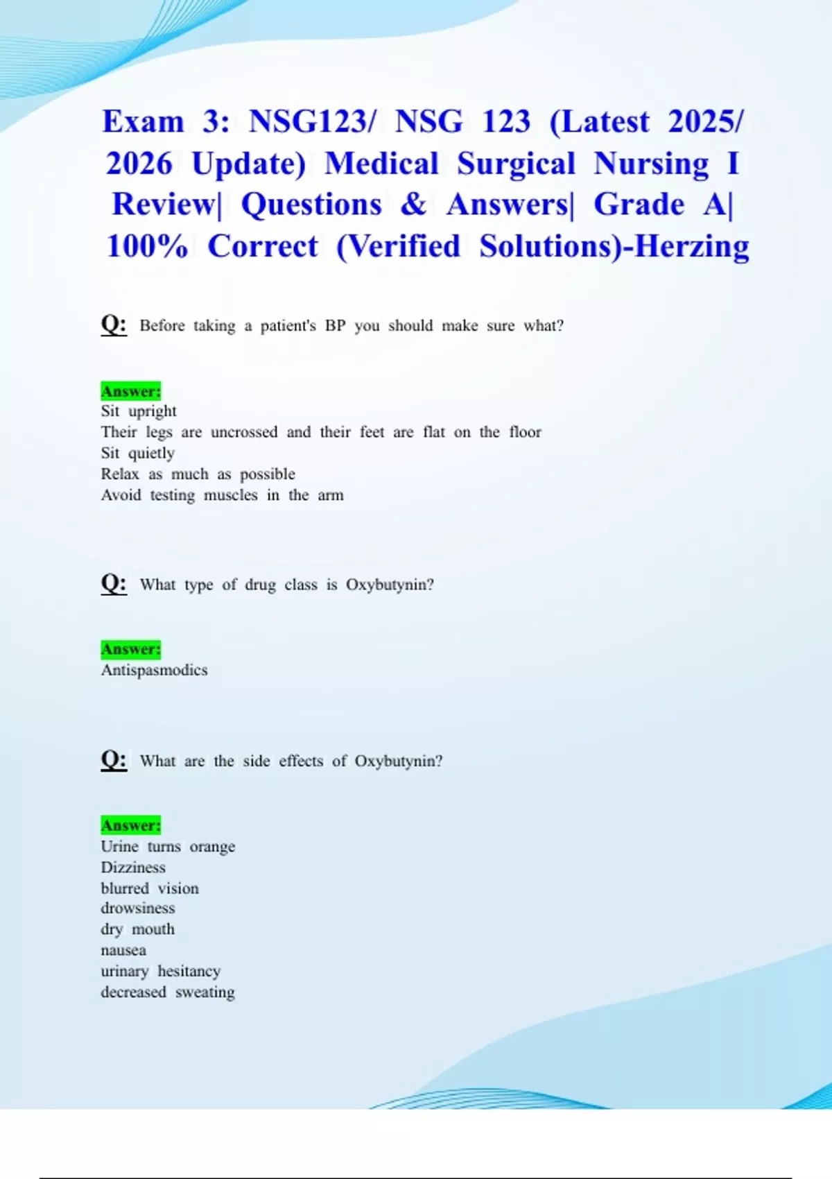 Exam 3: NSG123/ NSG 123 (Latest 2025/ 2026 Update) Medical Surgical ...