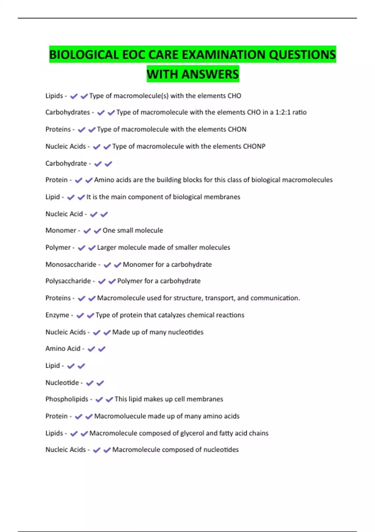 BIOLOGICAL EOC CARE EXAMINATION QUESTIONS WITH ANSWERS - EOC - Stuvia US