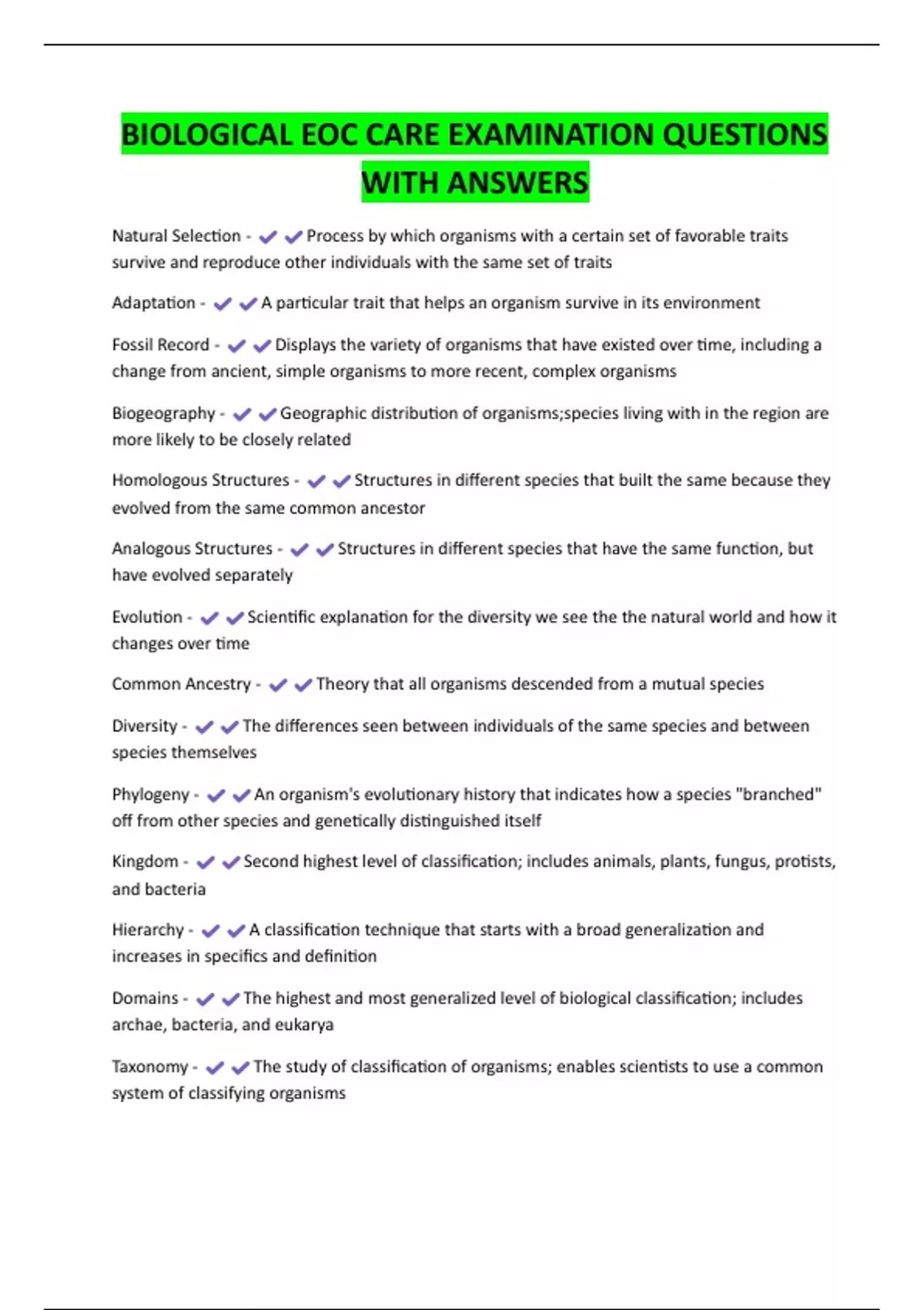 BIOLOGICAL EOC CARE EXAMINATION QUESTIONS WITH ANSWERS - EOC - Stuvia US