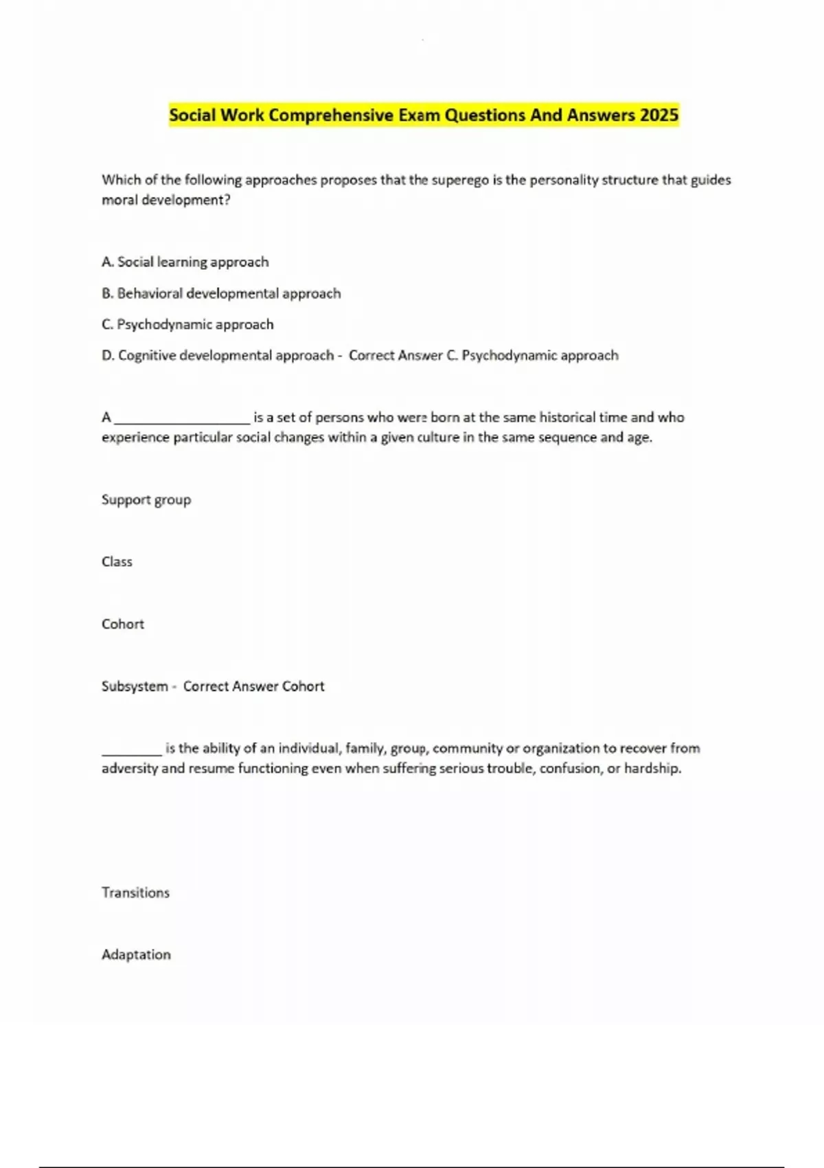 Social Work Comprehensive Exam Questions And Answers 2025 - SOWK ...