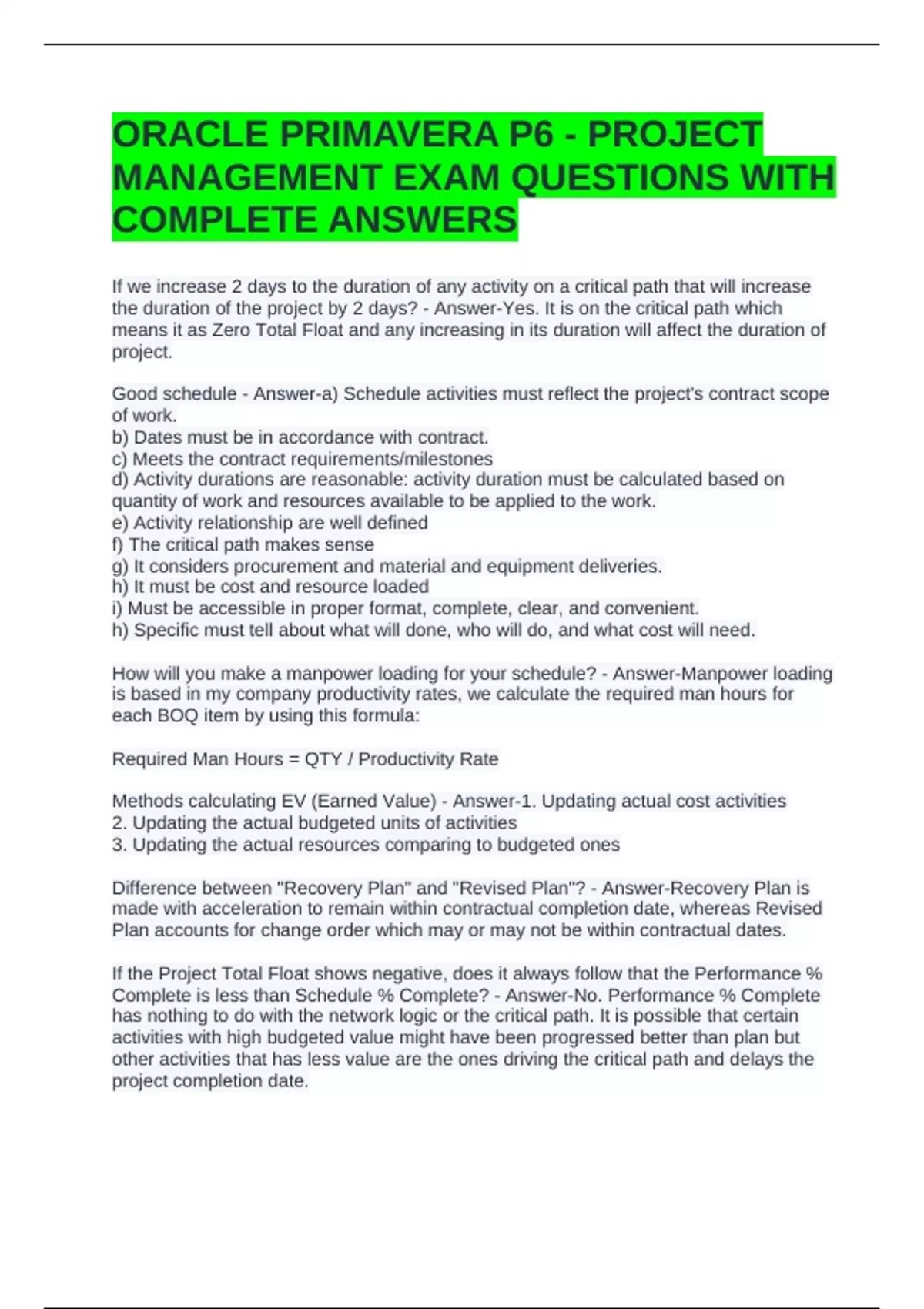 ORACLE PRIMAVERA P6 - PROJECT MANAGEMENT EXAM QUESTIONS WITH COMPLETE ...