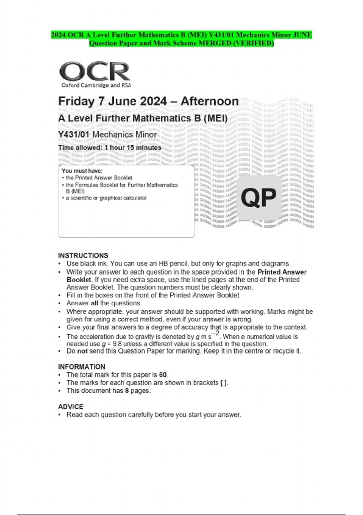 2024 OCR A Level Further Mathematics B (MEI) Y431/01 Mechanics Minor ...