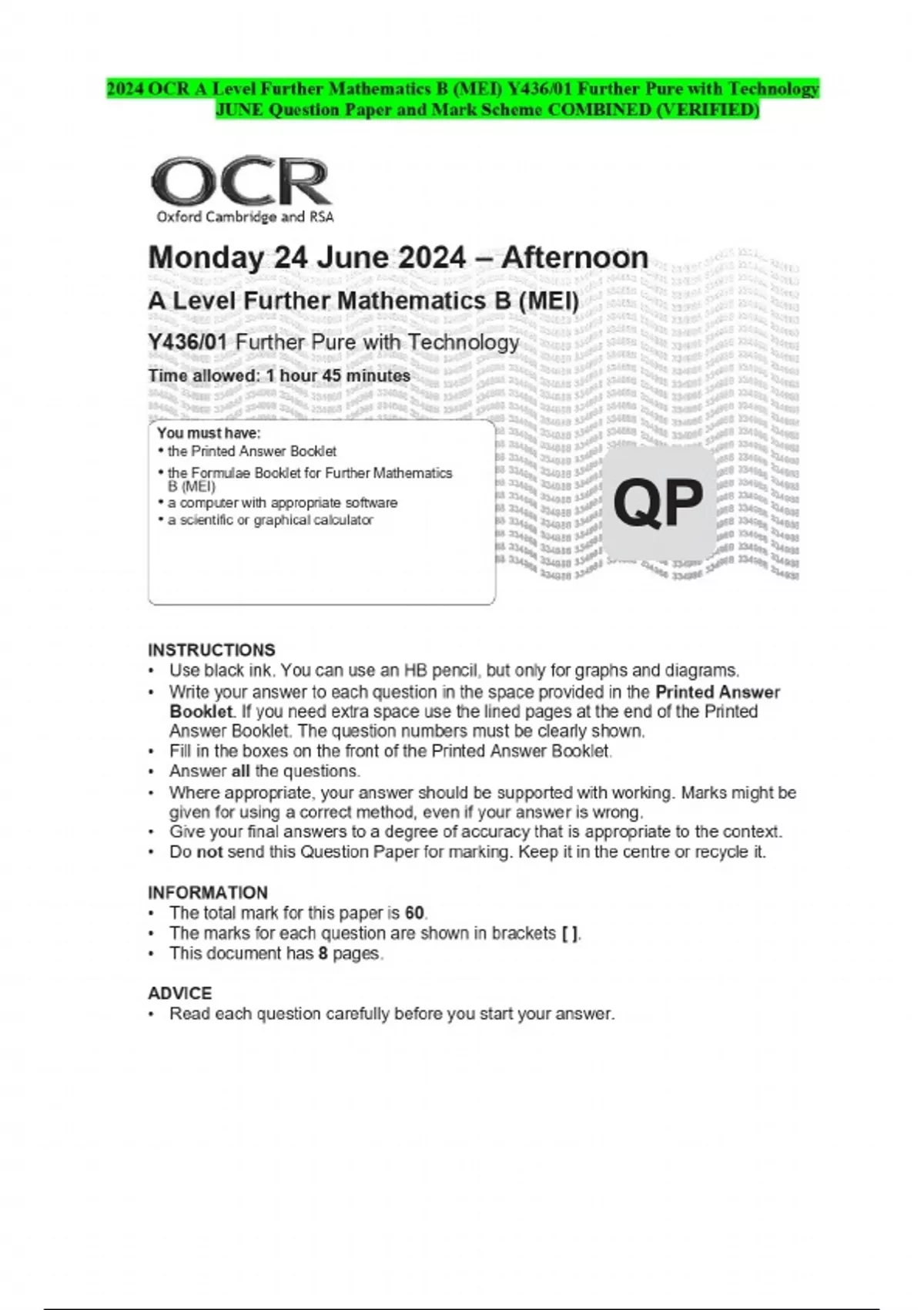 2024 OCR A Level Further Mathematics B (MEI) Y436/01 Further Pure with ...