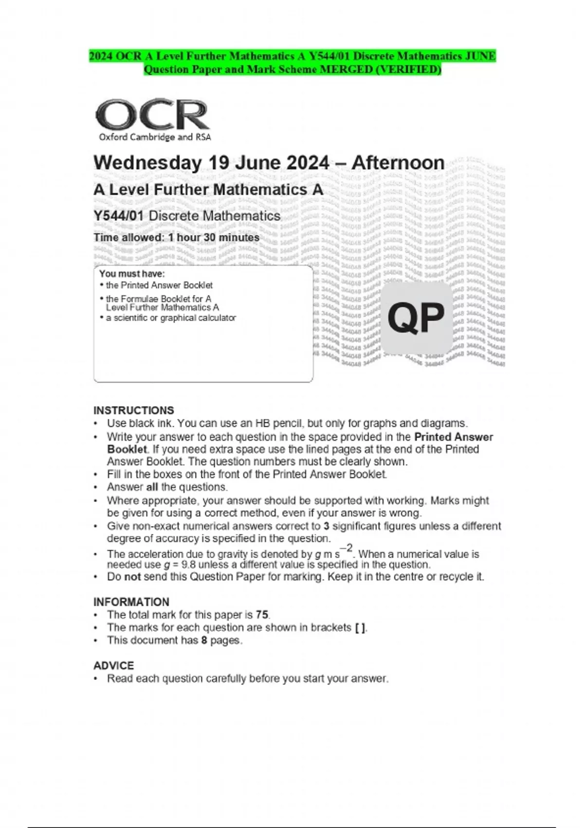 2024 OCR A Level Further Mathematics A Y544/01 Discrete Mathematics ...