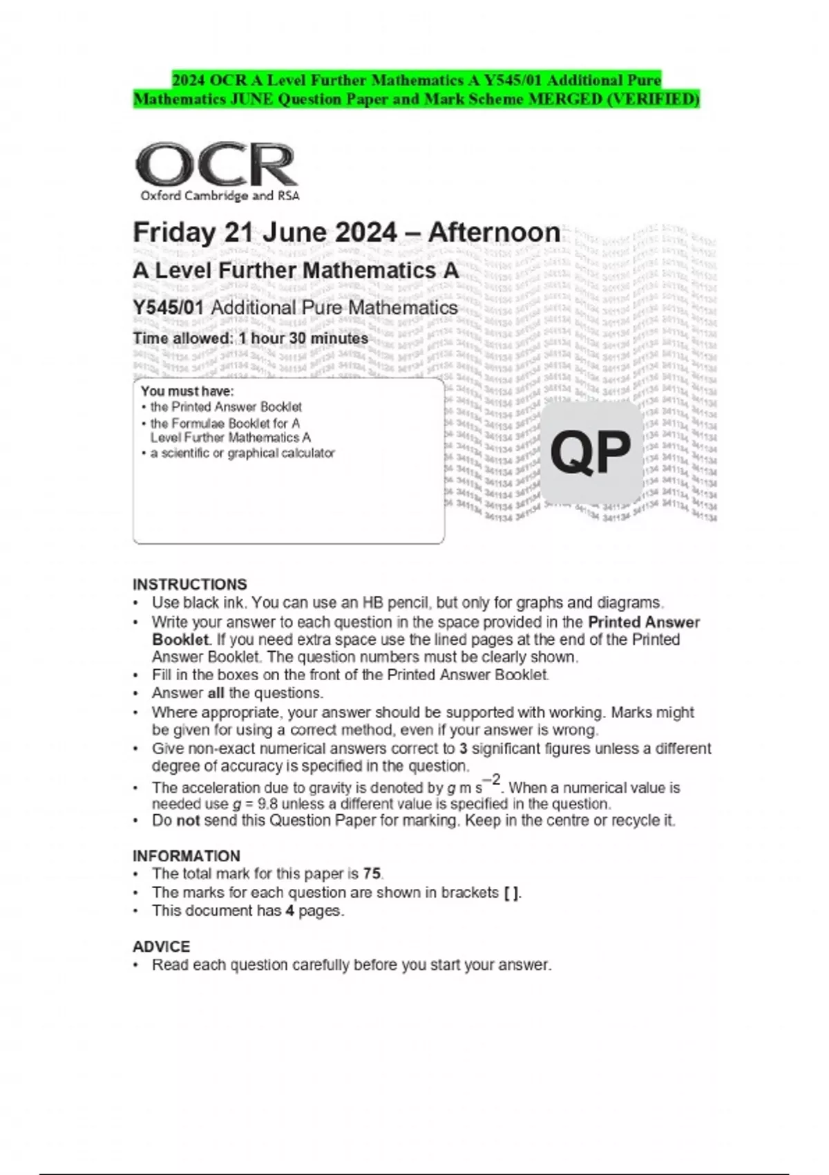 2024 OCR A Level Further Mathematics A Y545/01 Additional Pure ...