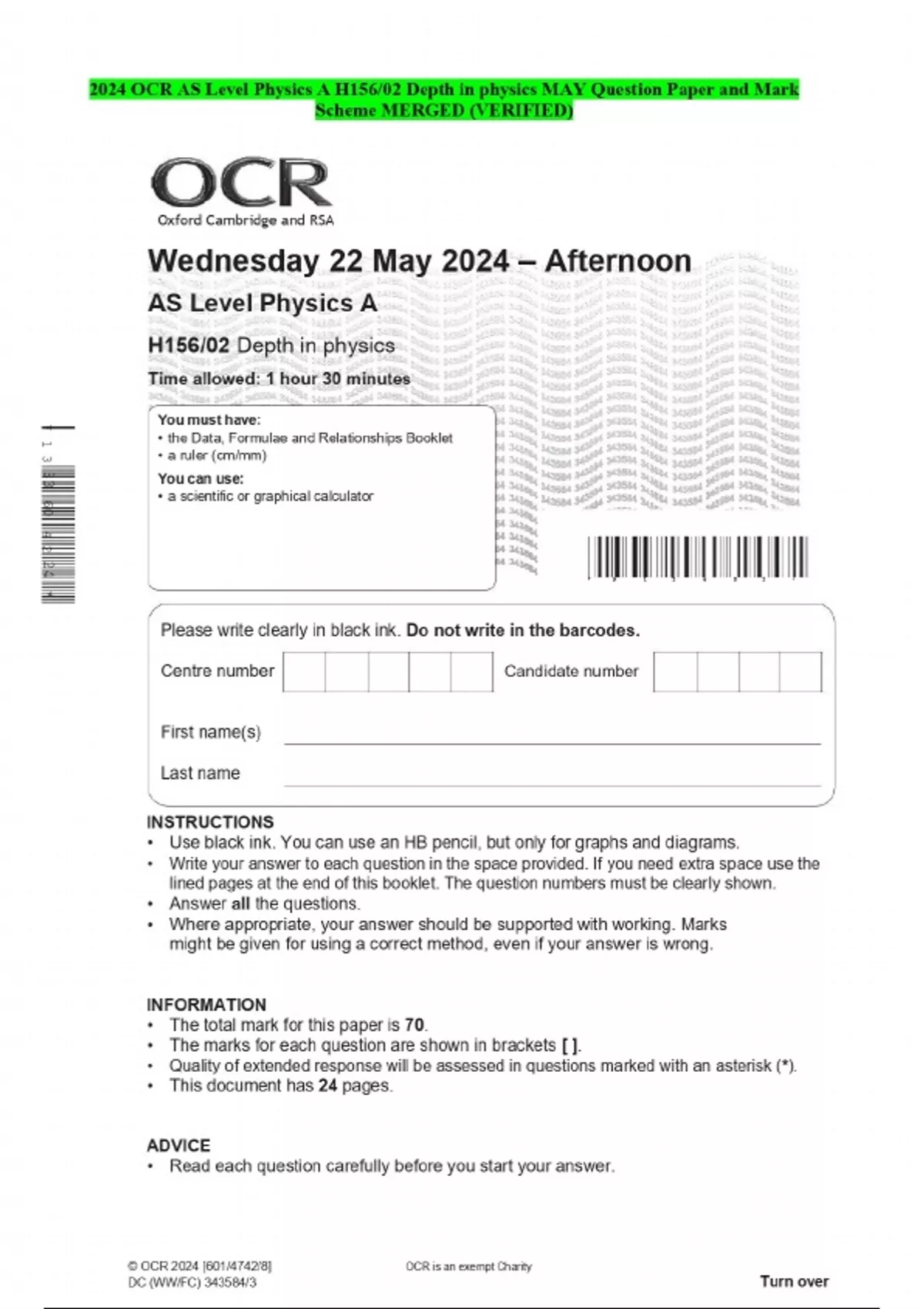 2024 OCR AS Level Physics A H156/02 Depth in physics MAY Question Paper ...