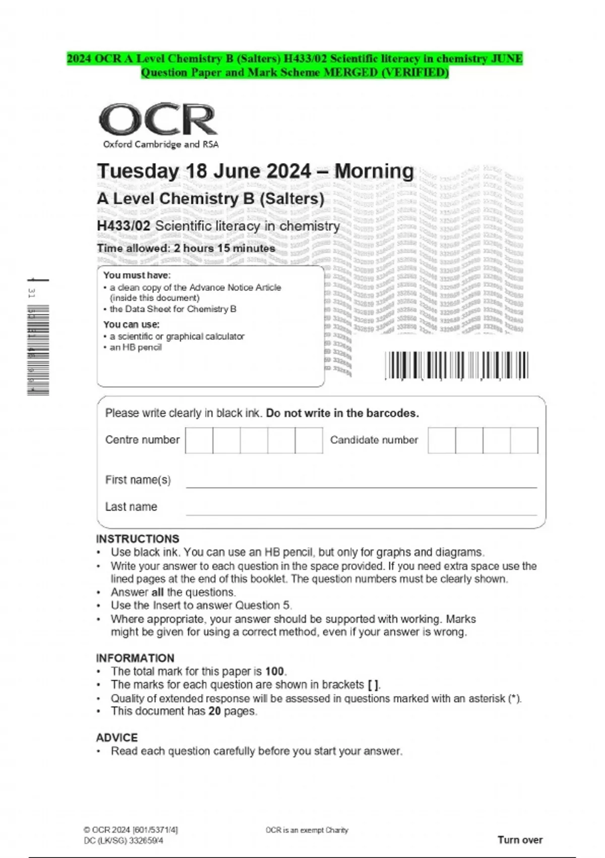 2024 OCR A Level Chemistry B (Salters) H433/02 Scientific literacy in ...