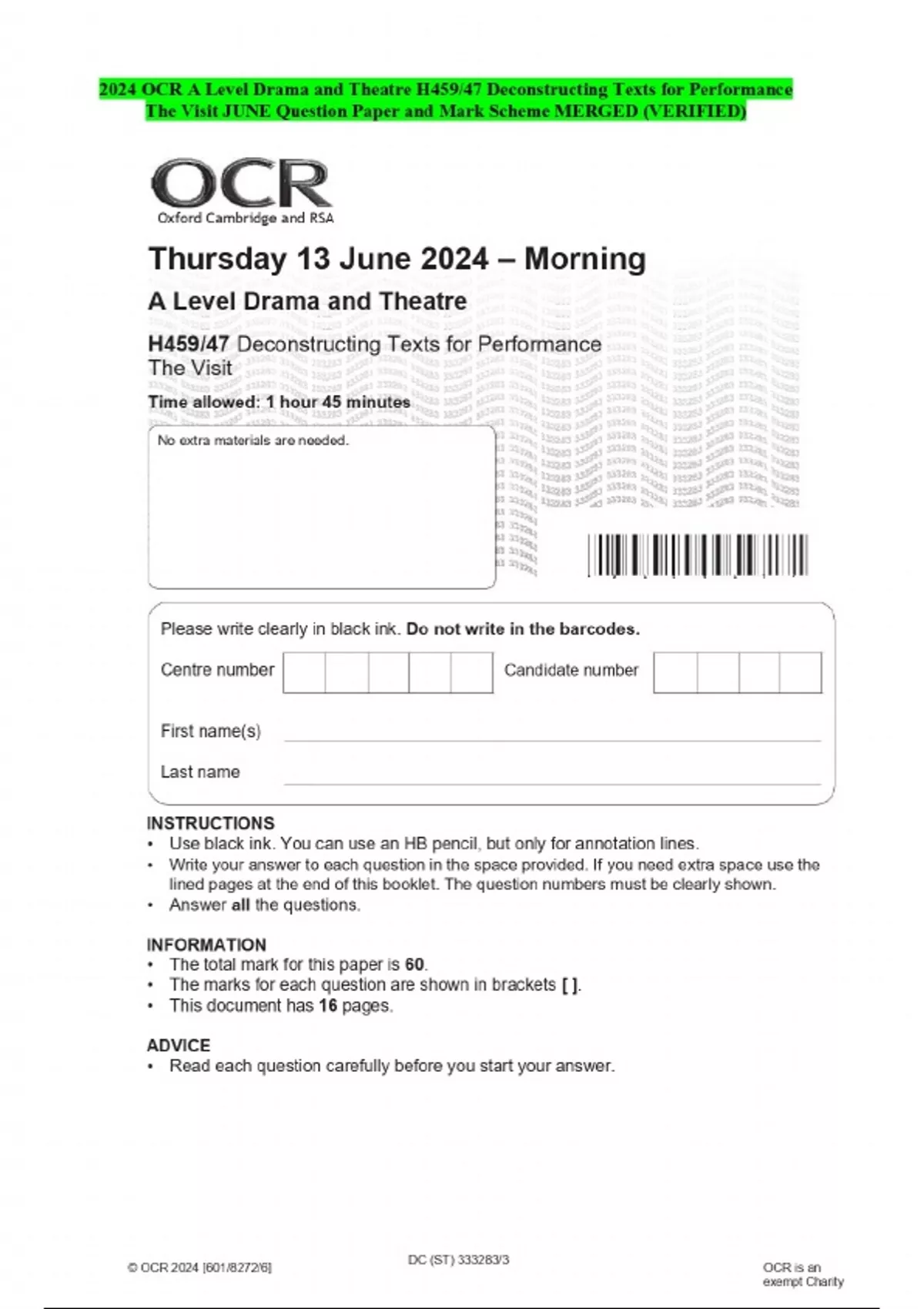 2024 OCR A Level Drama and Theatre H459/47 Deconstructing Texts for Performance The Visit JUNE ...