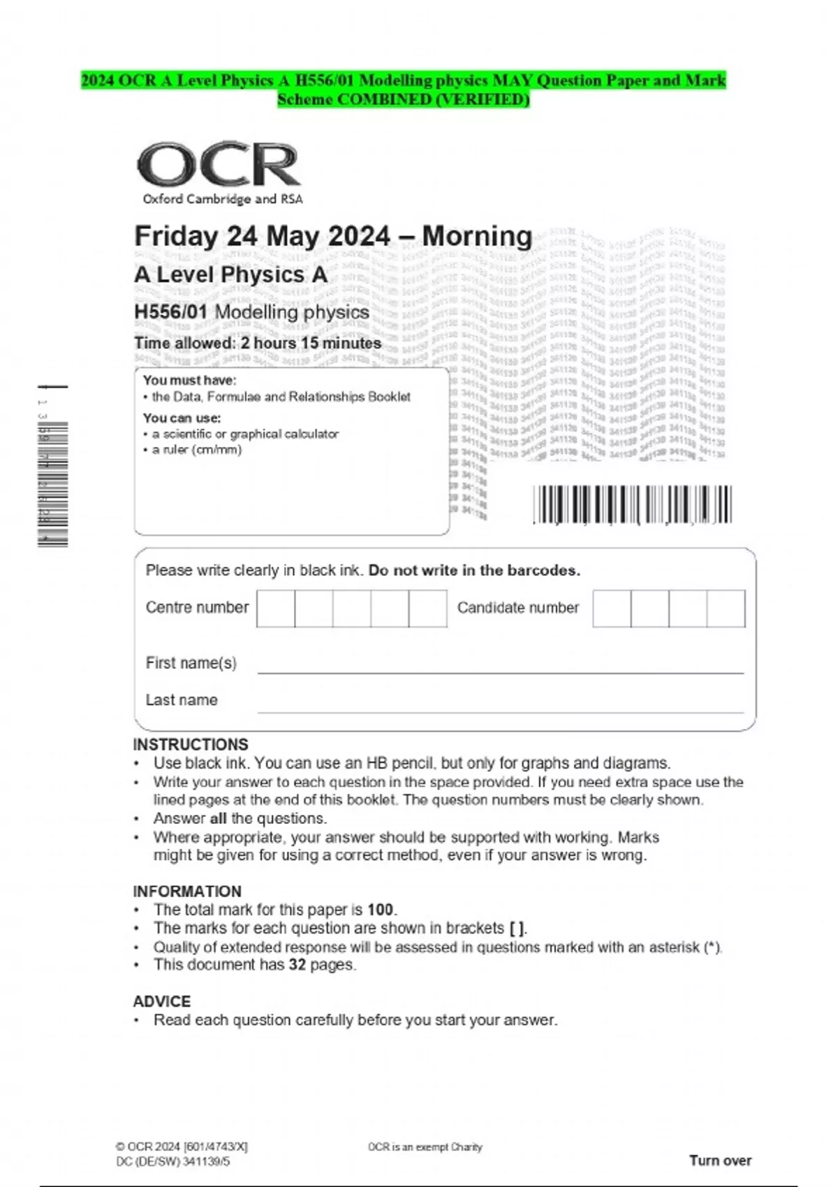 2024 OCR A Level Physics A H556/01 Modelling physics MAY Question Paper and Mark Scheme COMBINED ...