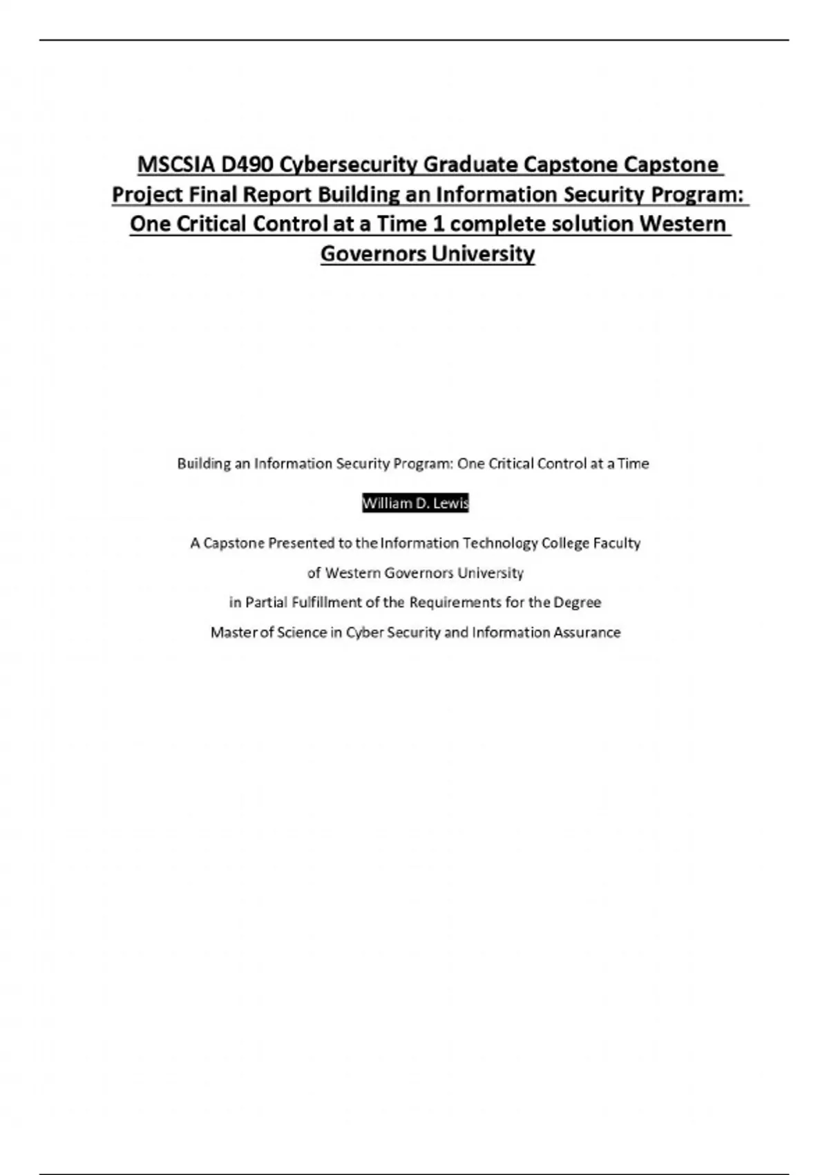 MSCSIA D490 Cybersecurity Graduate Capstone Capstone Project Final ...