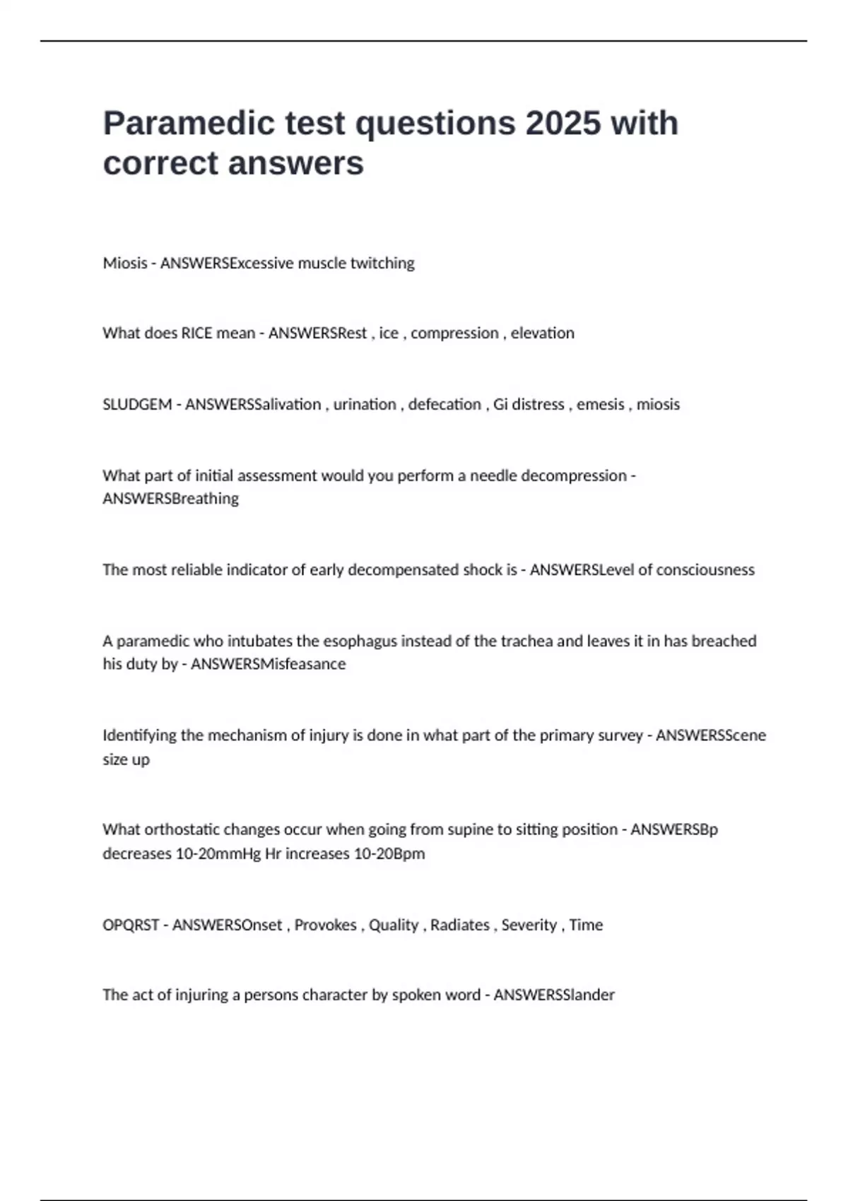 Paramedic test questions 2025 with correct answers - Paramedic - Stuvia US