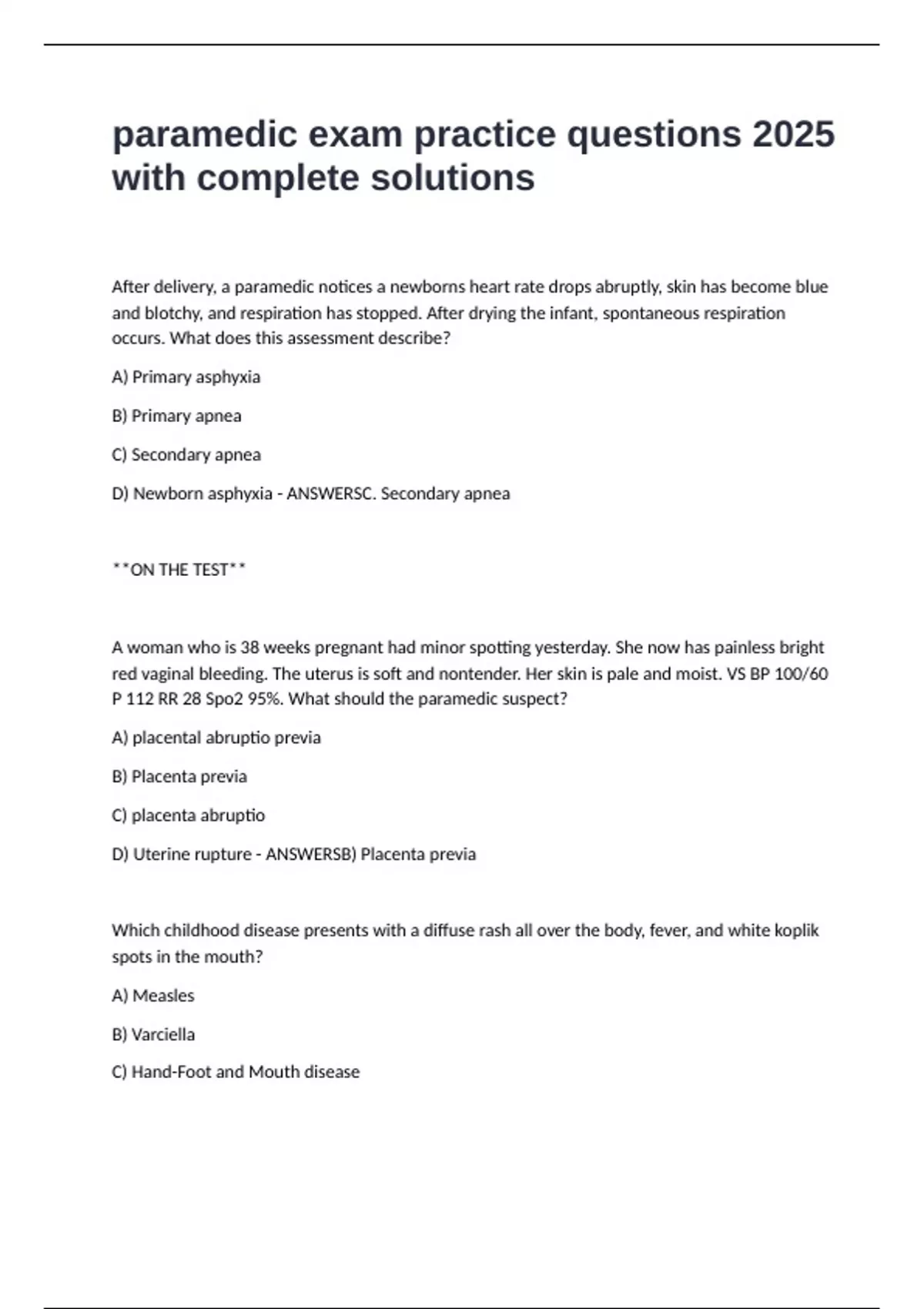 paramedic exam practice questions 2025 with complete solutions - Paramedic - Stuvia US