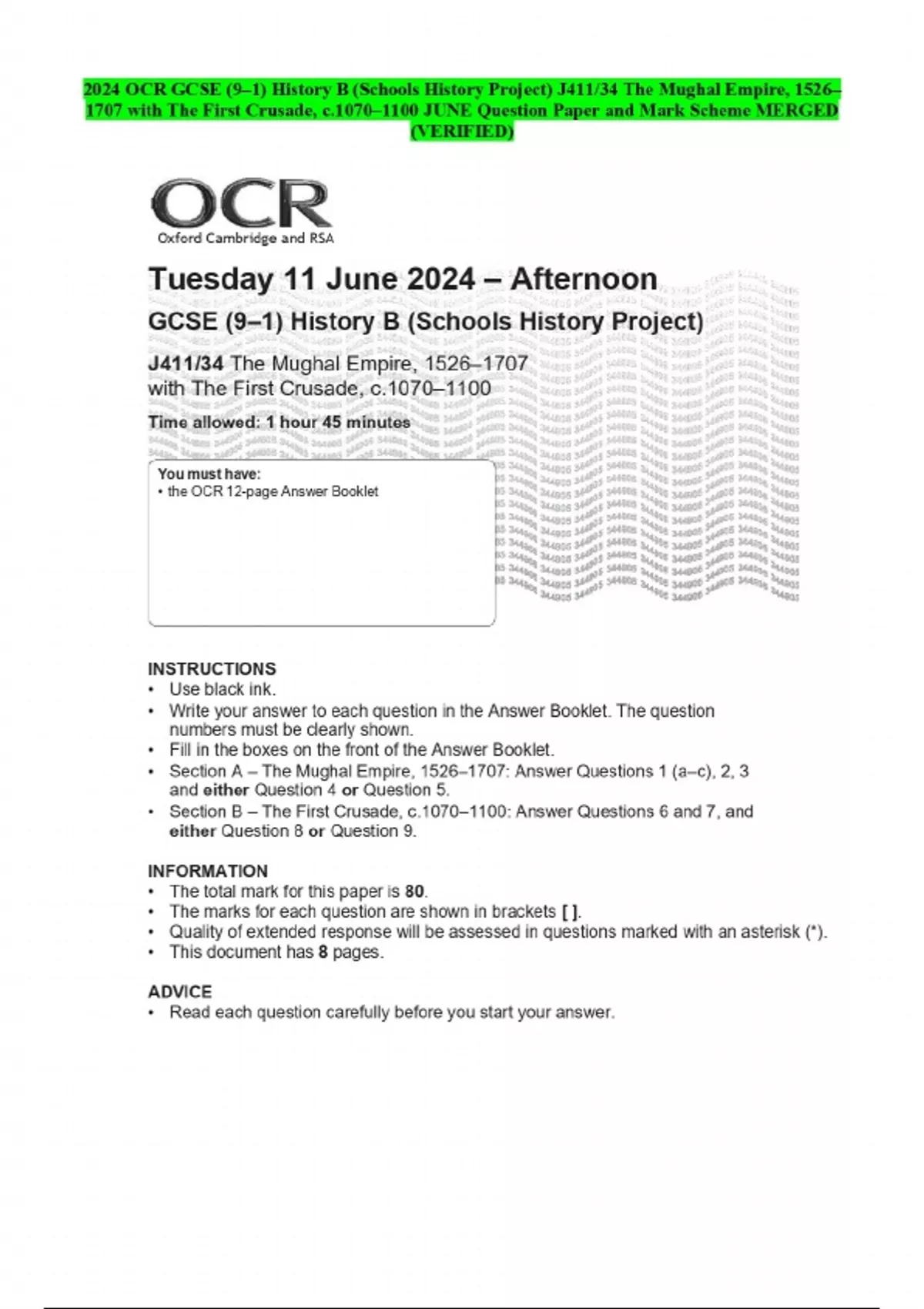 2024 OCR GCSE (9–1) History B (Schools History Project) J411/34 The ...