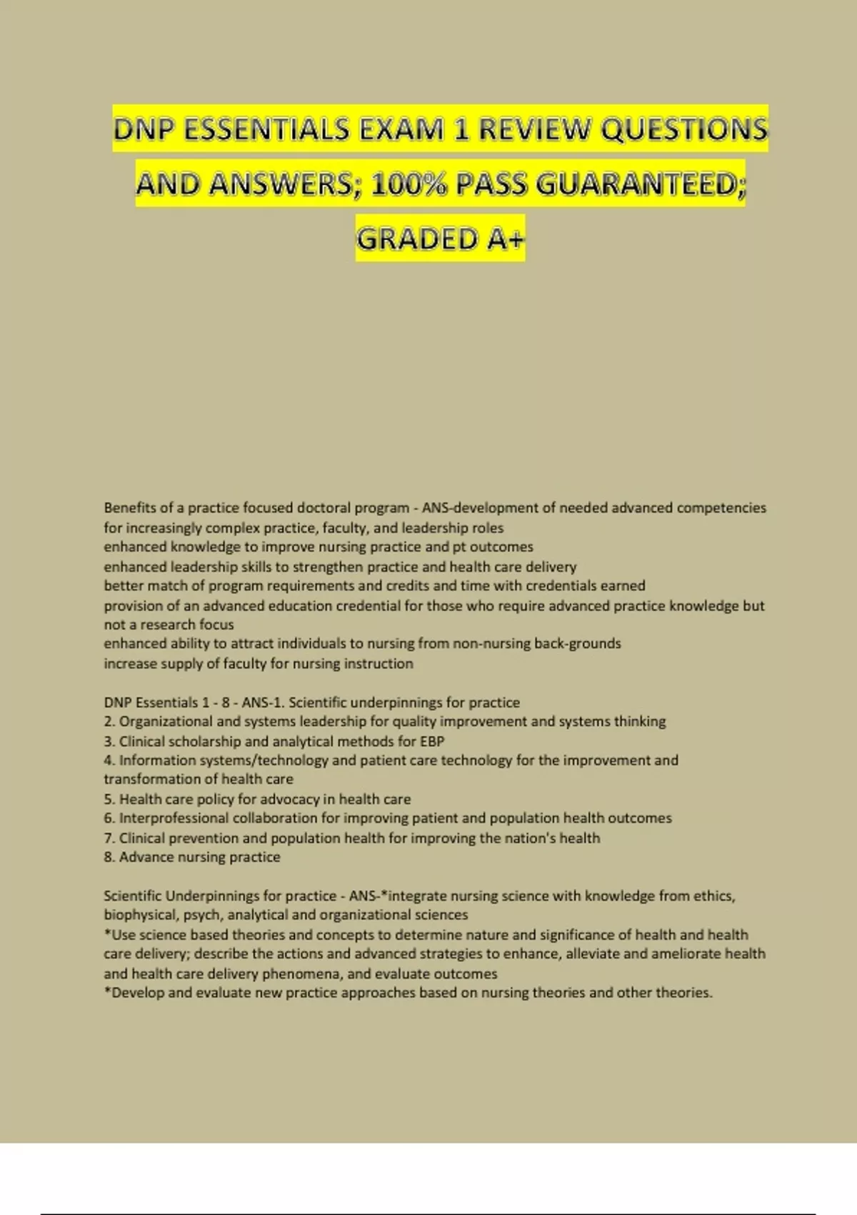 DNP ESSENTIALS EXAM 1 REVIEW QUESTIONS AND ANSWERS; 100% PASS ...