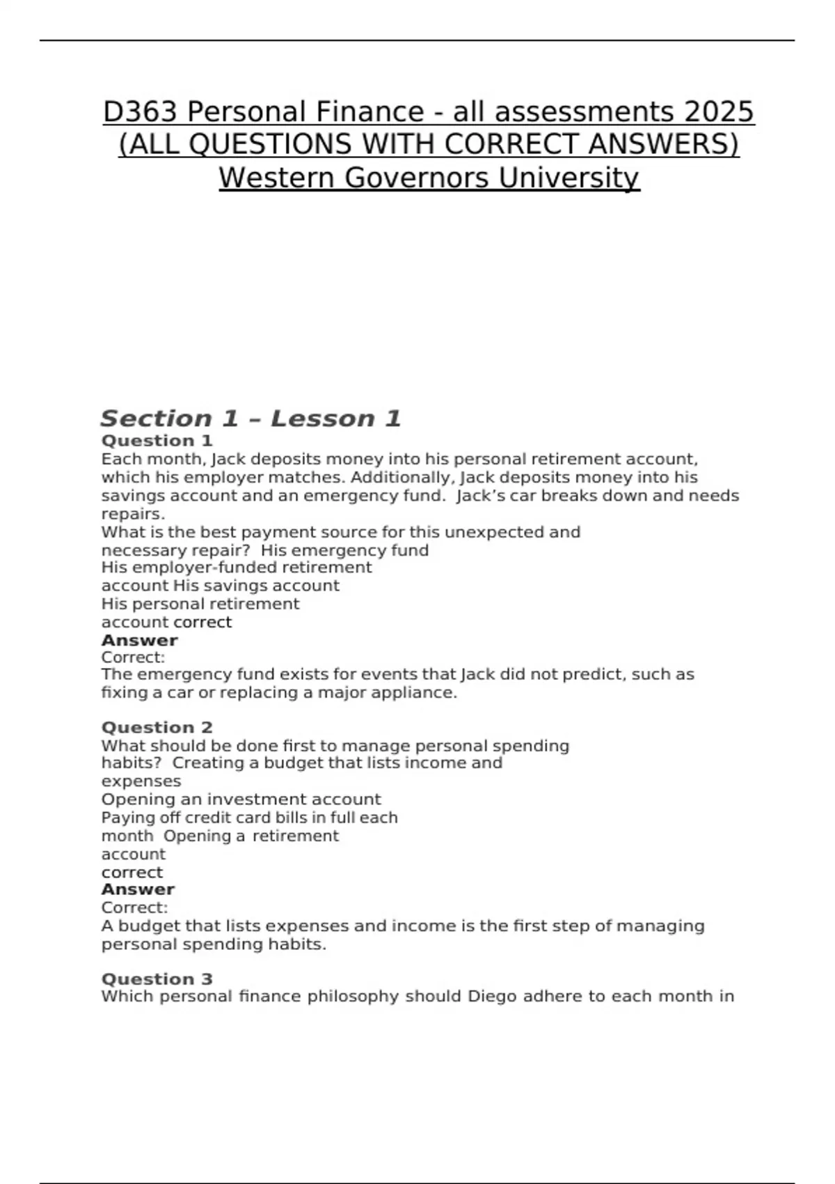 D363 Personal Finance - all assessments 2025 (ALL QUESTIONS WITH ...