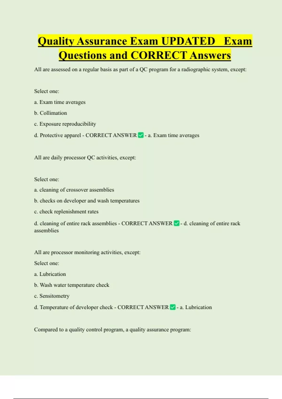Quality Assurance Bundled Exam Questions WITH CORRECT Answers - Stuvia US