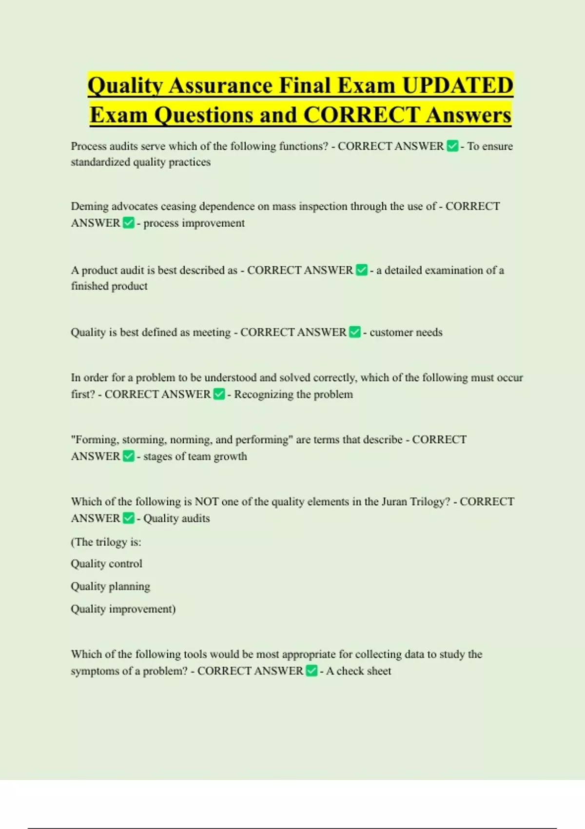 Quality Assurance Final Exam UPDATED Exam Questions and CORRECT Answers - CPCU 500 - Stuvia US