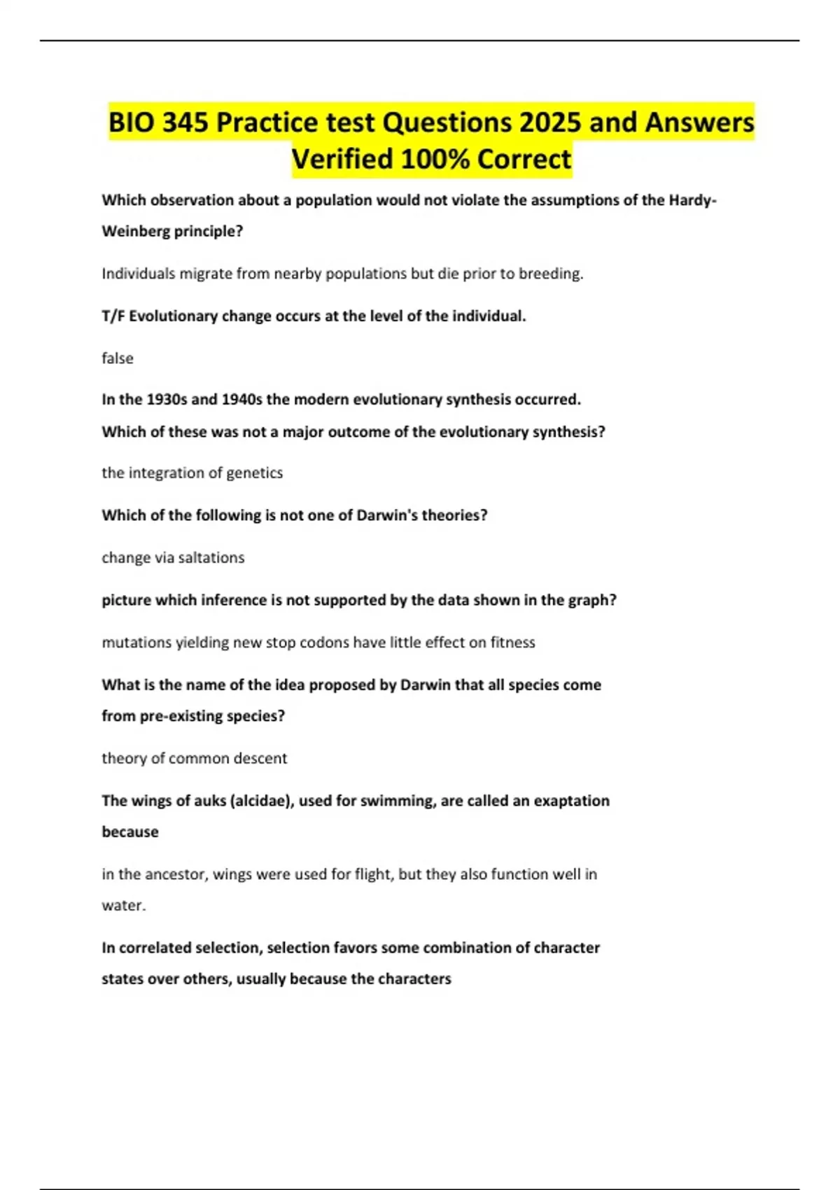 BIO 345 Practice test Questions 2025 and Answers Verified 100% Correct ...