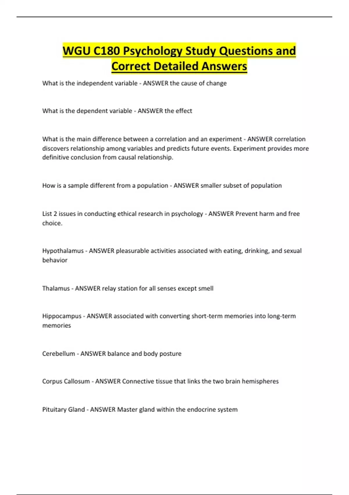 WGU C180 Psychology Study Questions and Correct Detailed Answers - C180 ...