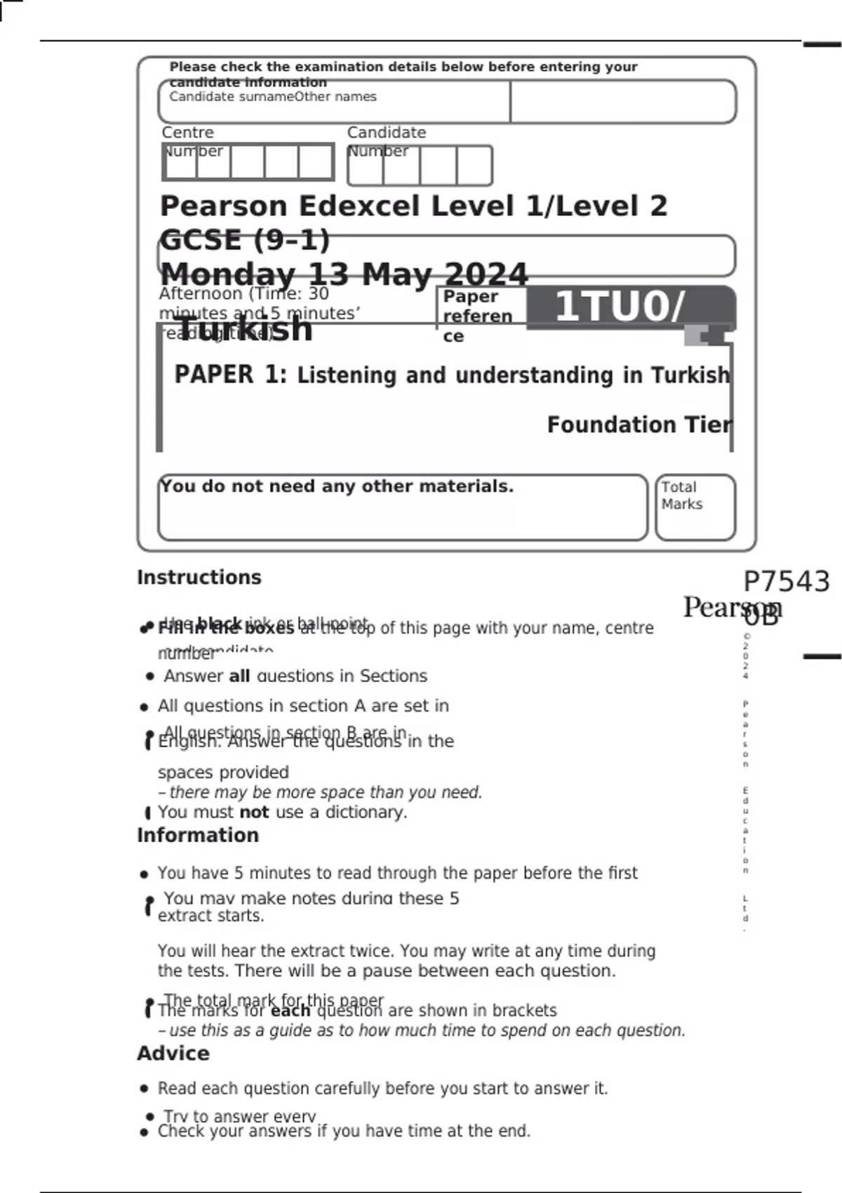 Pearson Edexcel Level 1/Level 2 GCSE TURKISH 1TUO/1F PAPER 1 Listening ...