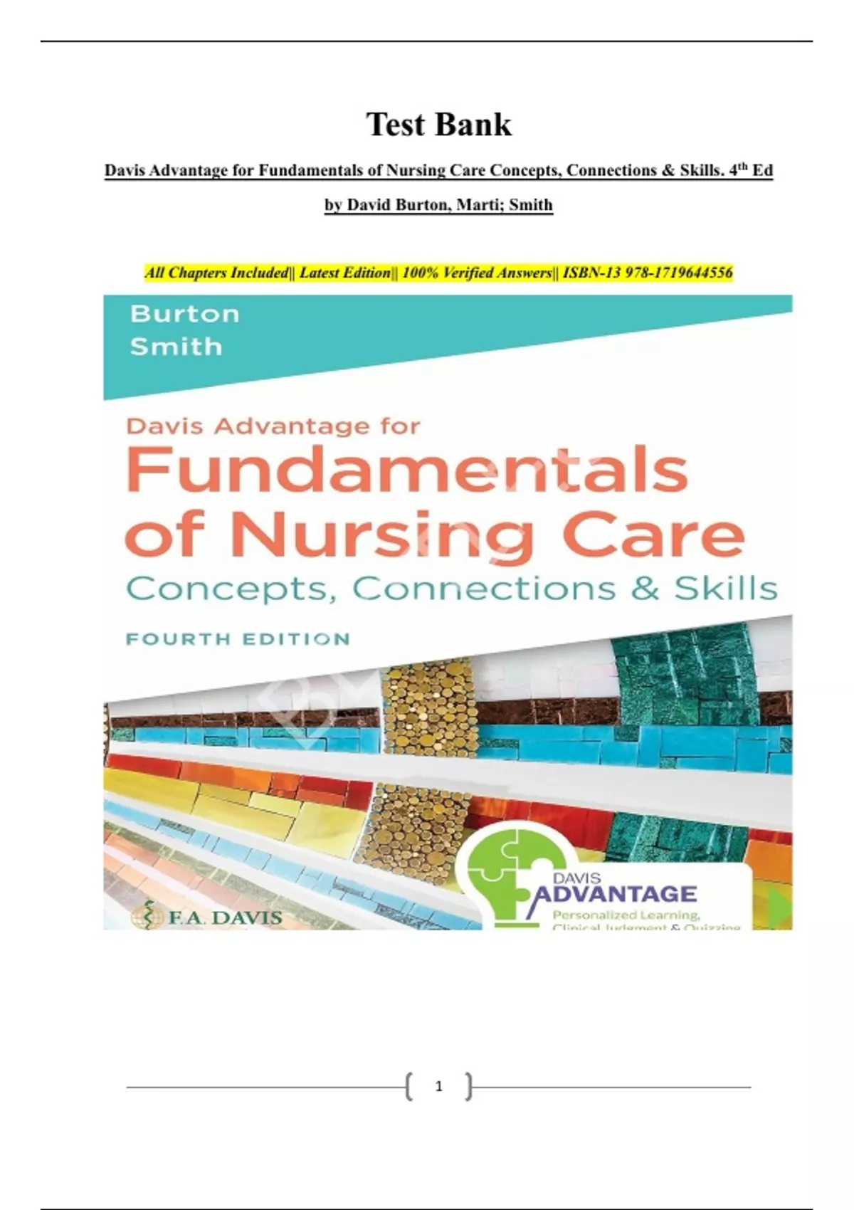 Test Bank Davis Advantage for Fundamentals of Nursing Care Concepts ...