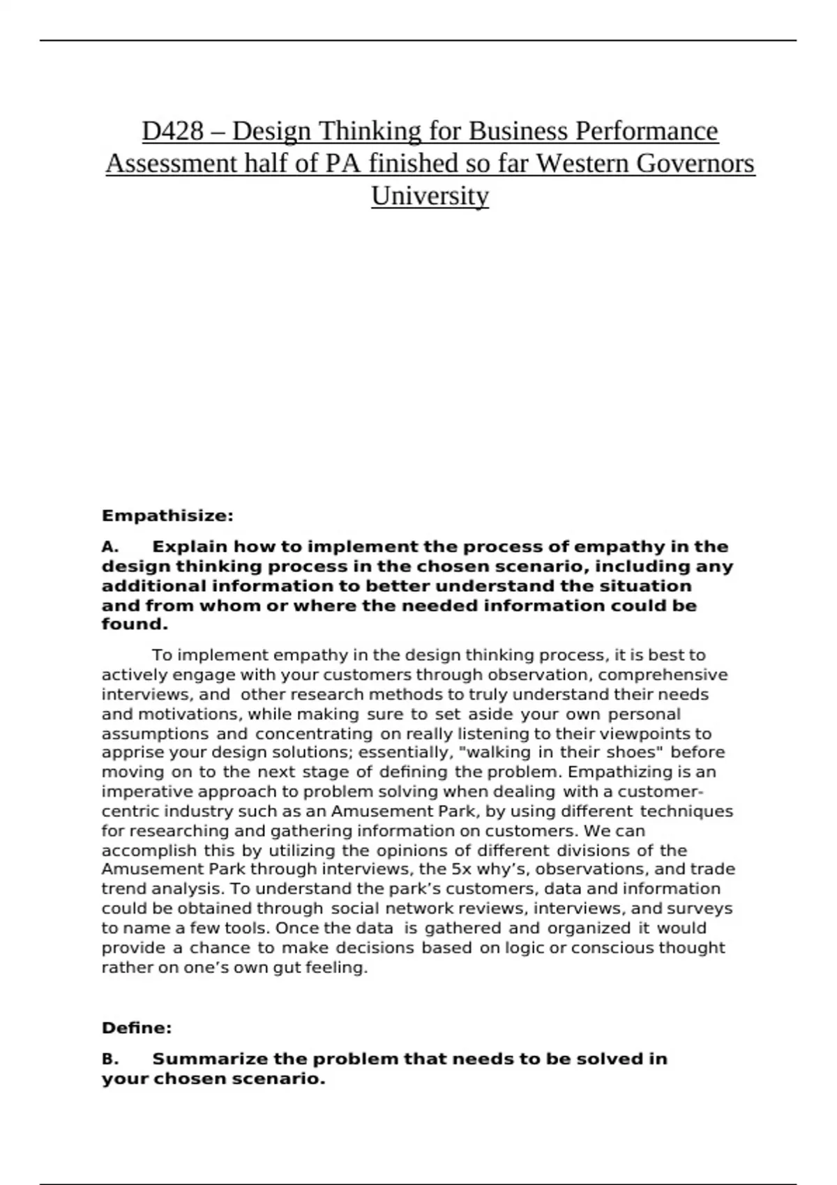 D428 – Design Thinking for Business Performance Assessment half of PA ...