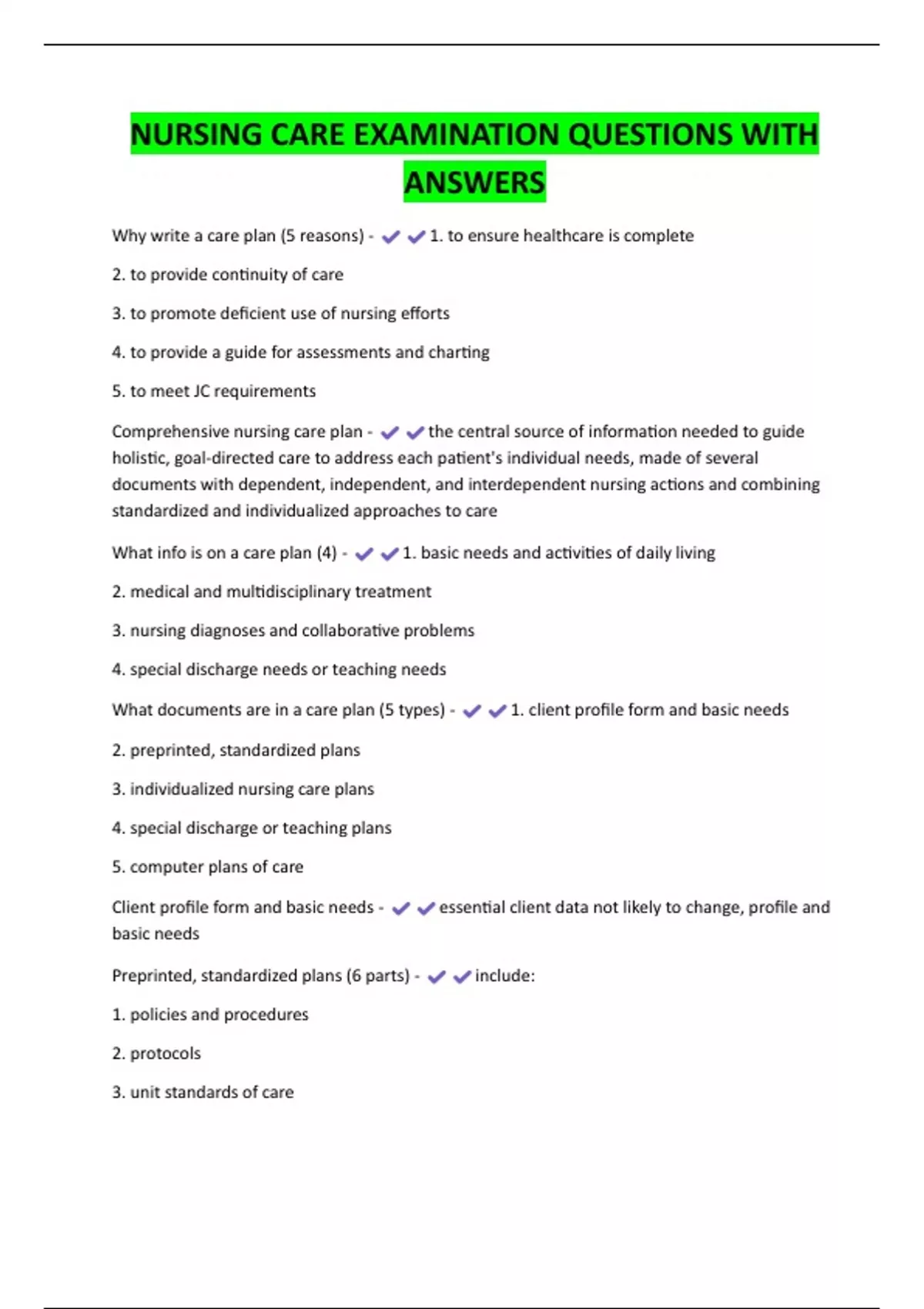 NURSING CARE EXAMINATION QUESTIONS WITH ANSWERS - NURC - Stuvia US