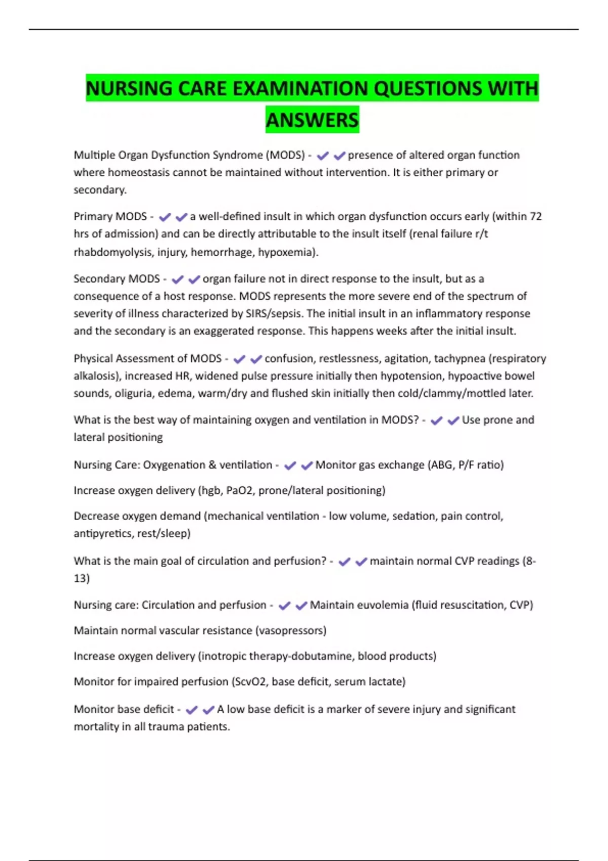 NURSING CARE EXAMINATION QUESTIONS WITH ANSWERS - NURC - Stuvia US