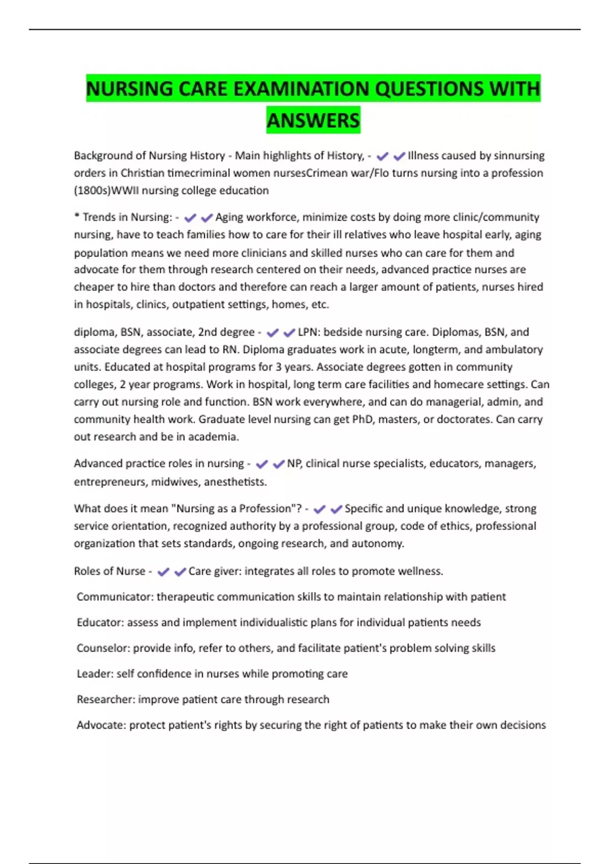 NURSING CARE EXAMINATION QUESTIONS WITH ANSWERS - NURC - Stuvia US