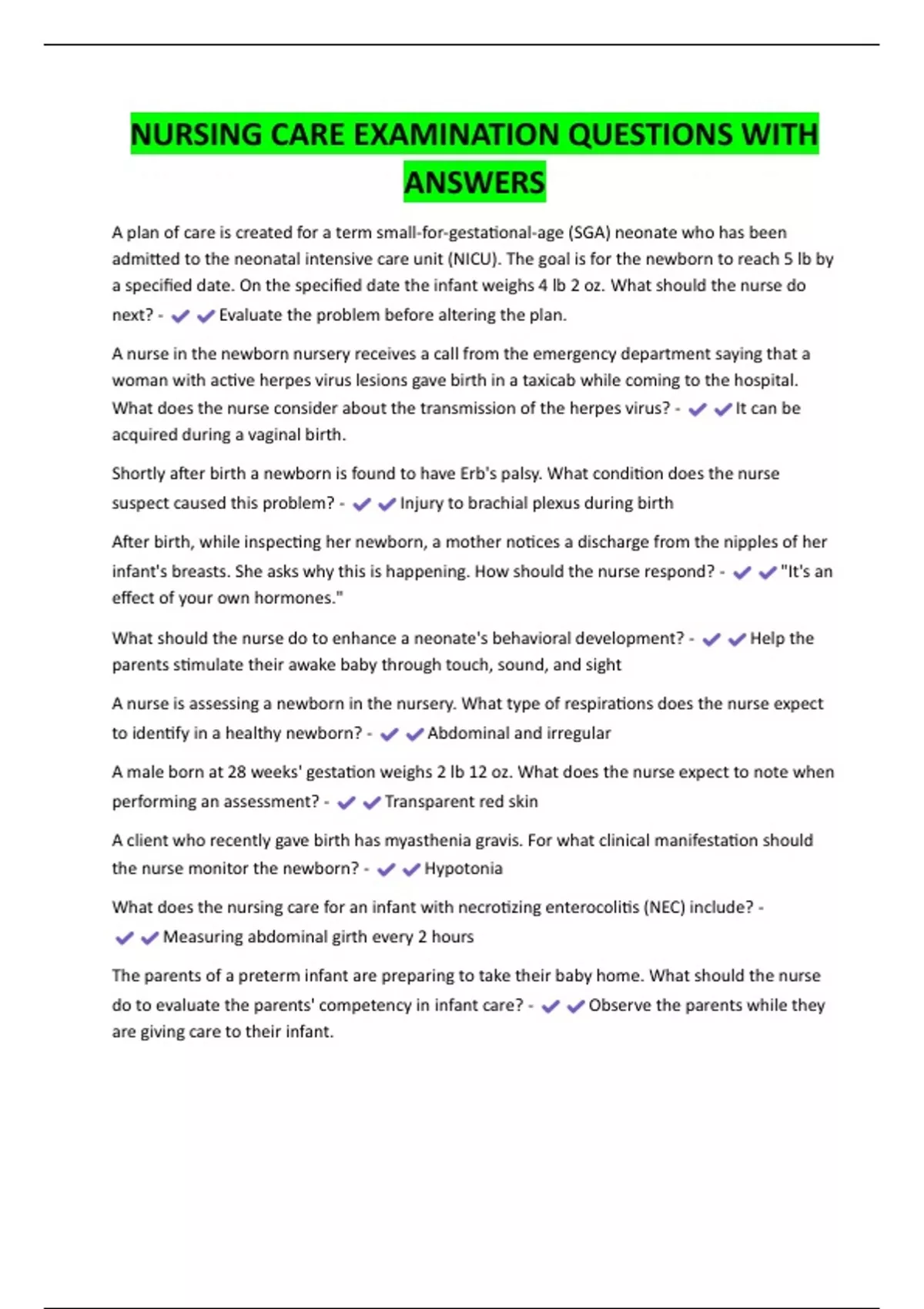 NURSING CARE EXAMINATION QUESTIONS WITH ANSWERS - NURC - Stuvia US