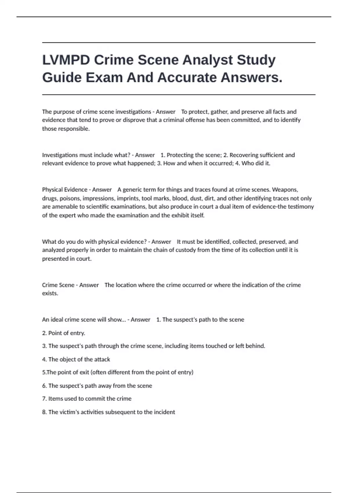 LVMPD Crime Scene Analyst Study Guide Exam And Accurate Answers ...