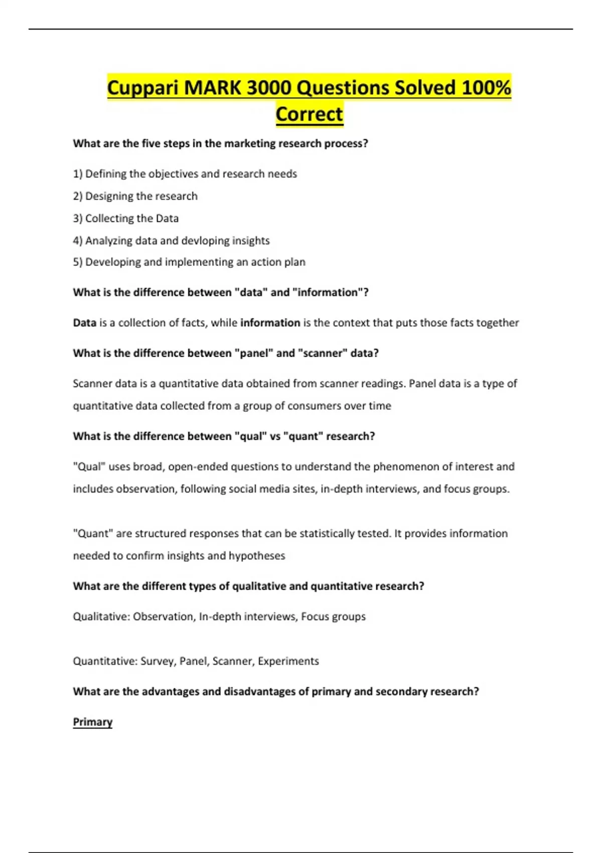 Cuppari MARK 3000 Questions Solved 100% Correct - MAR 3000 - Stuvia US