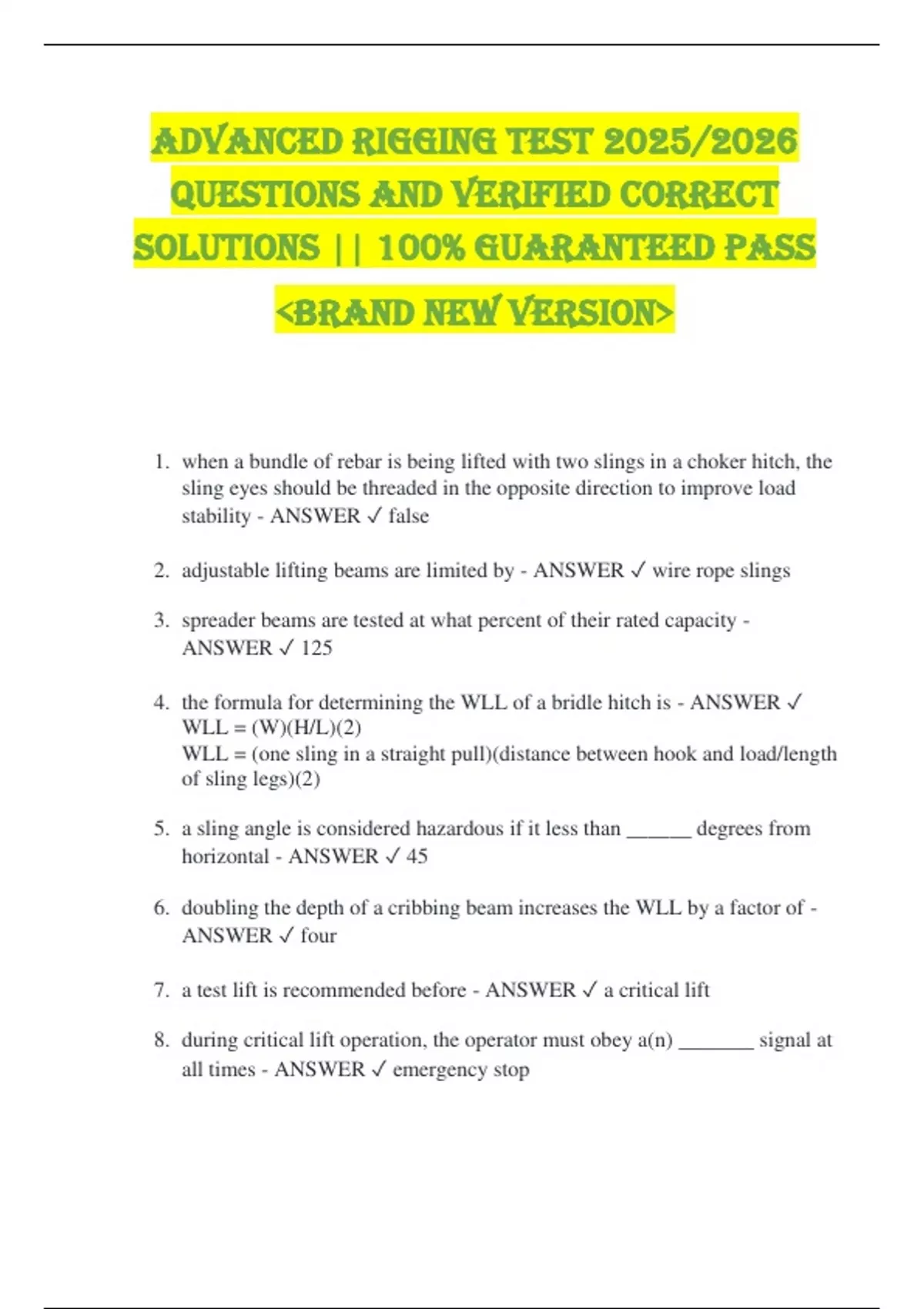 Advanced Rigging Test 2025/2026 QUESTIONS AND VERIFIED CORRECT ...
