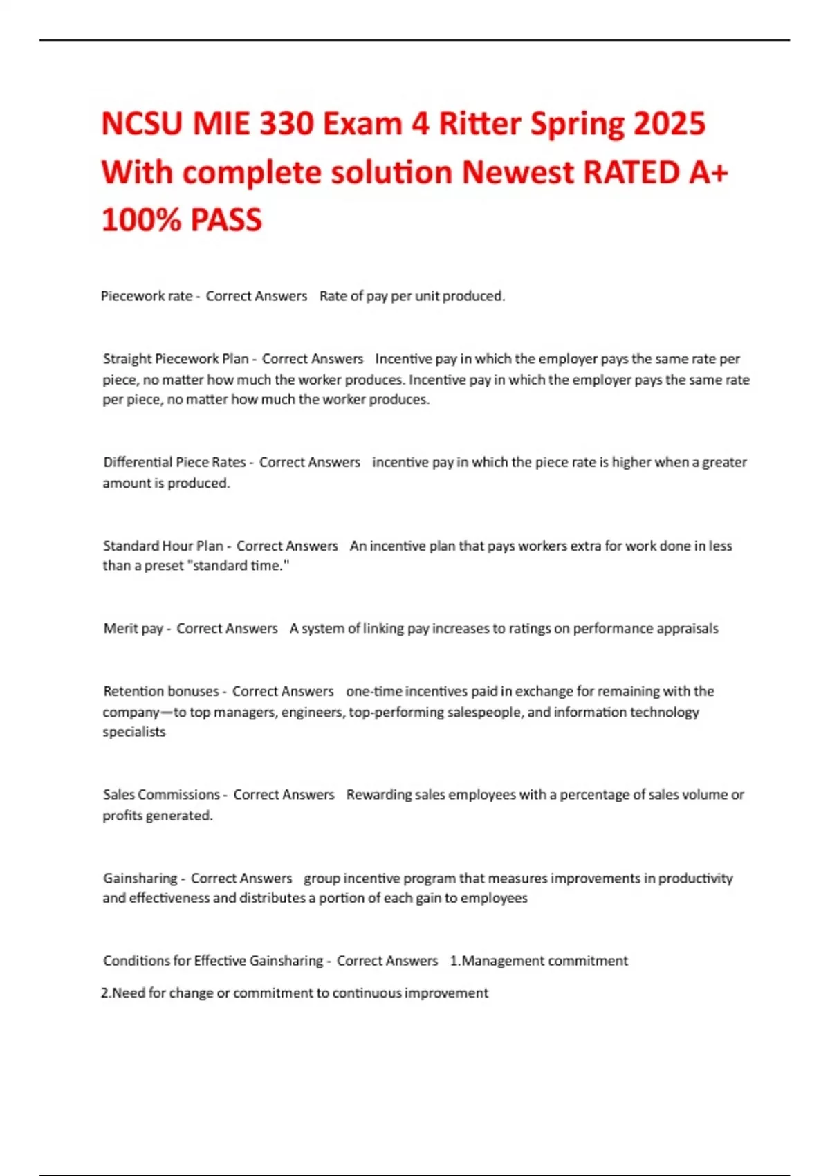 NCSU MIE 330 Exam 4 Ritter Spring 2025 With complete solution Newest ...