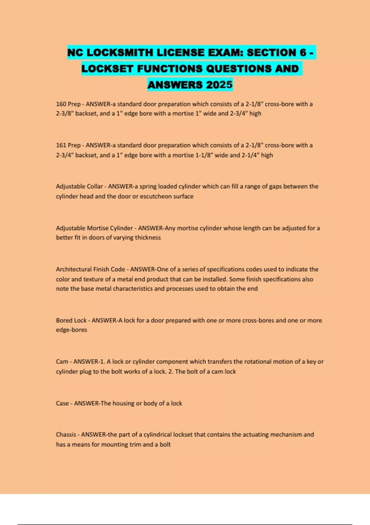 NC LOCKSMITH LICENSE EXAM: SECTION 6 - LOCKSET FUNCTIONS QUESTIONS AND ...