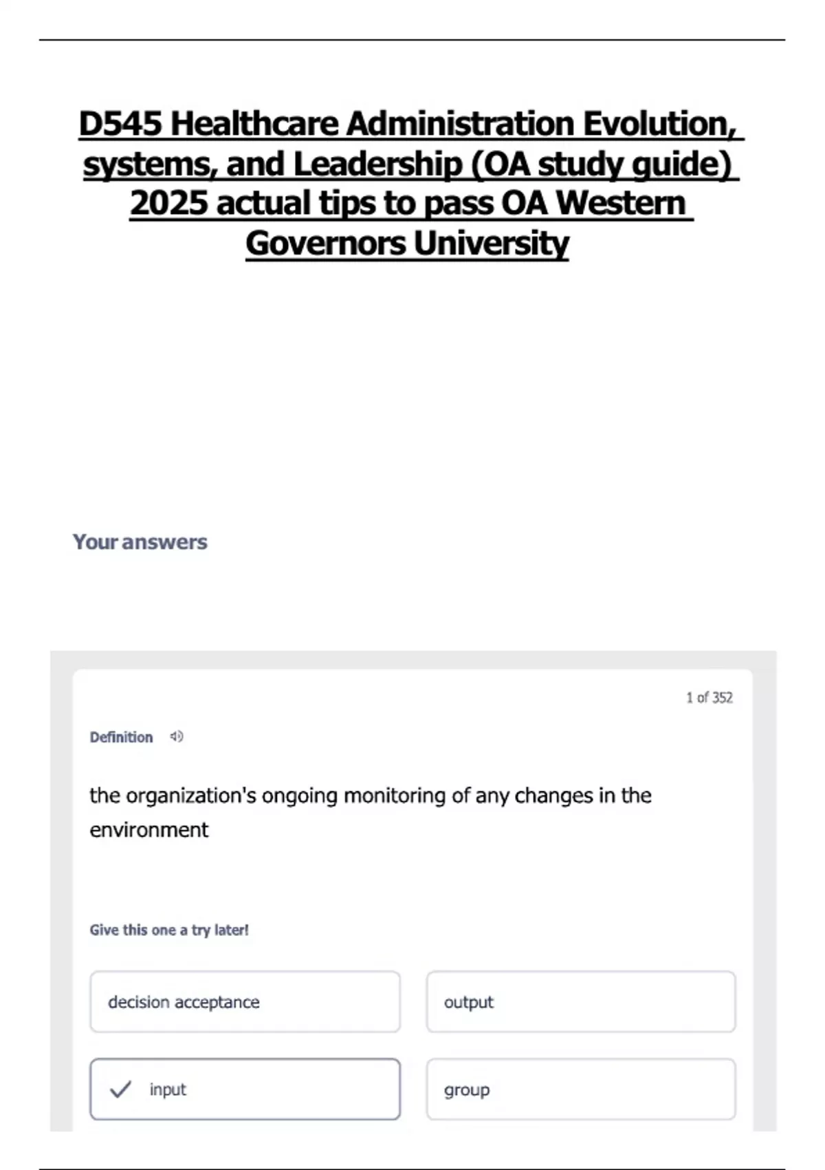 D545 Healthcare Administration Evolution, systems, and Leadership (OA ...