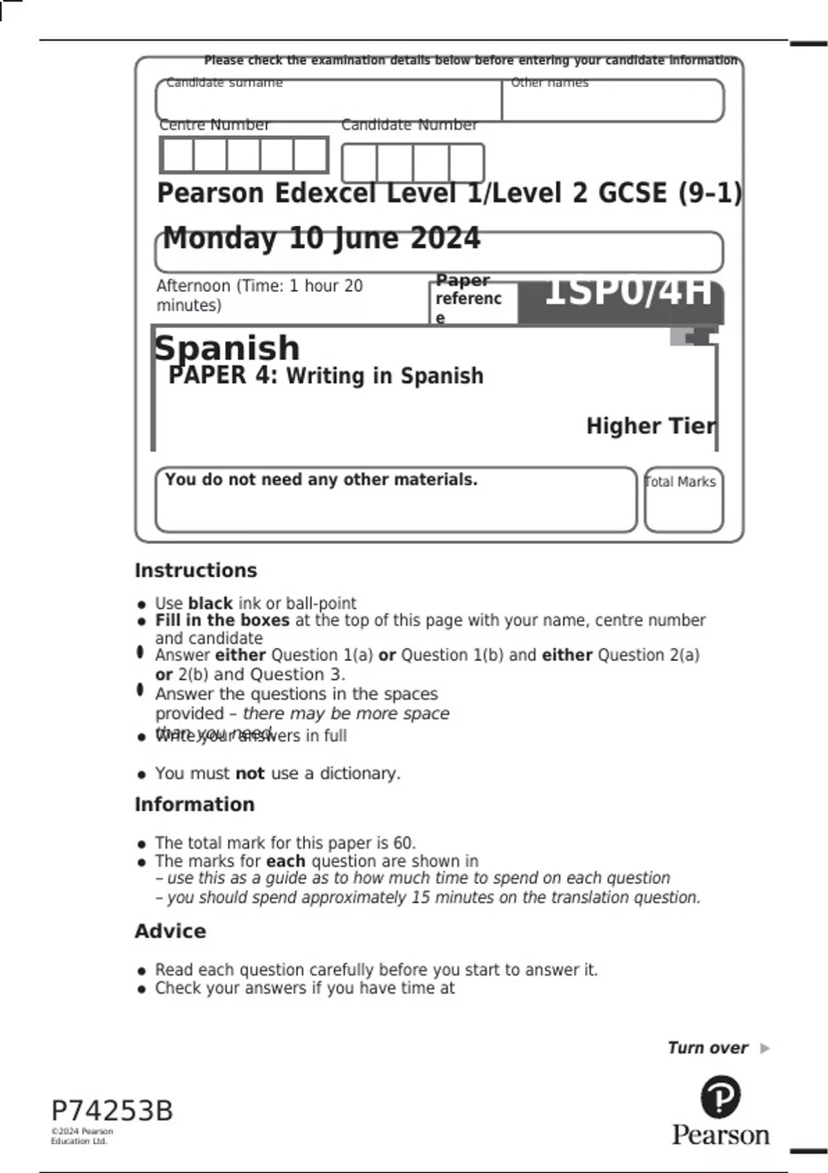 Pearson Edexcel Level 1/Level 2 GCSE SPANISH 1SPO/4H PAPER 4 WRITING IN ...